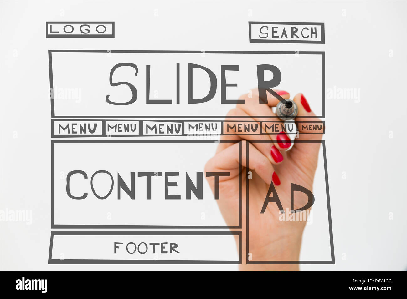 Designer drawing website development wire frame. Structure of web page ...