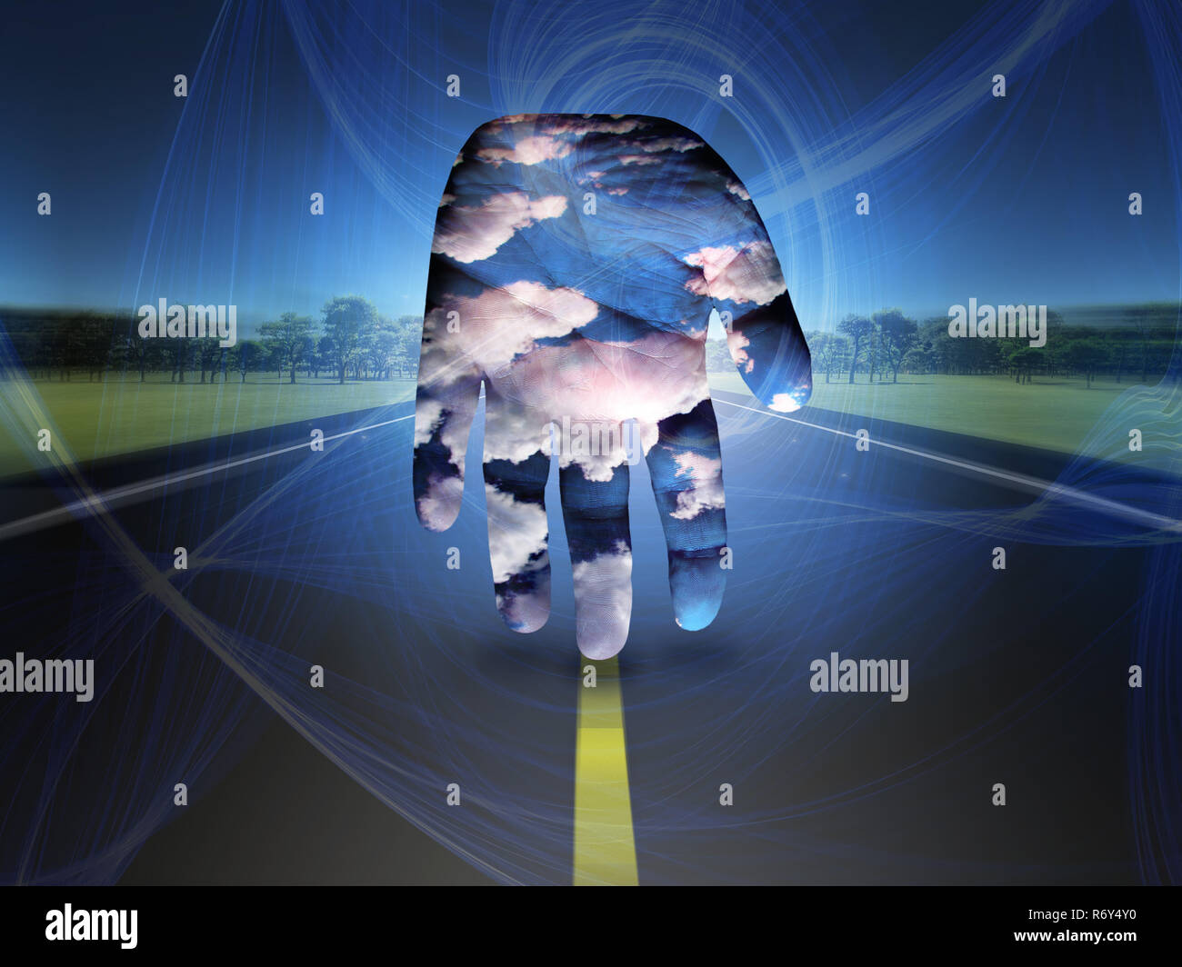 Celestial hand. Surrealism. Human's palm with clouds on a road Stock ...