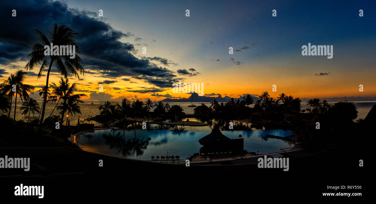 Sunset Panorama of a Resort Pool in Tahiti, French Polynesia Stock ...