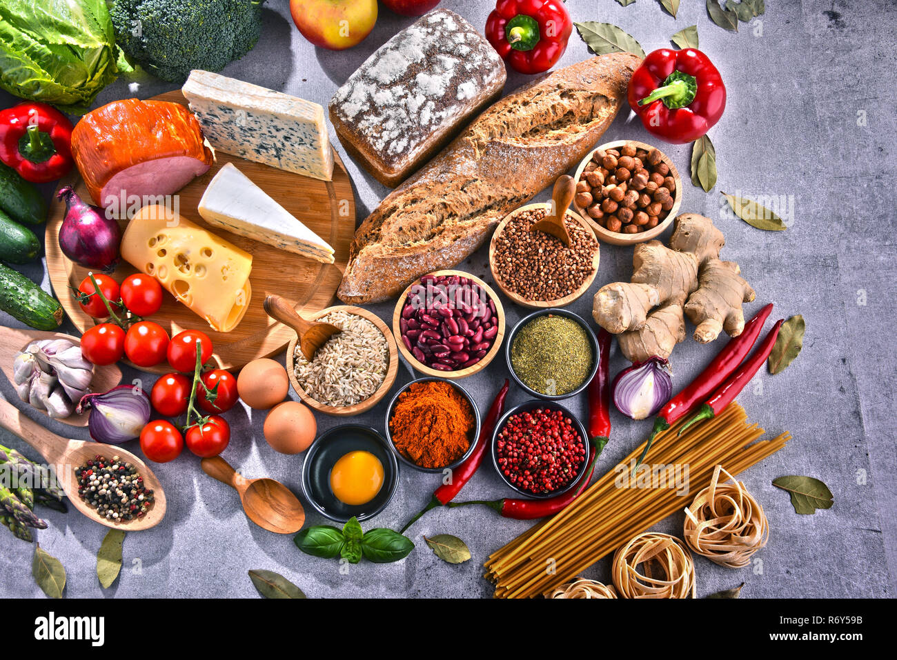 Composition with assorted organic food products on the table Stock ...