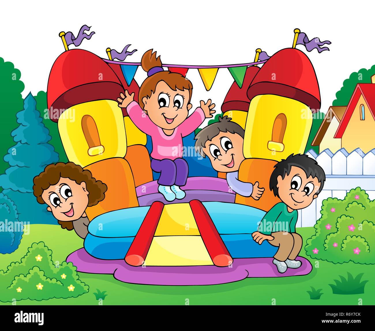 Kids on inflatable castle theme 2 Stock Photo - Alamy