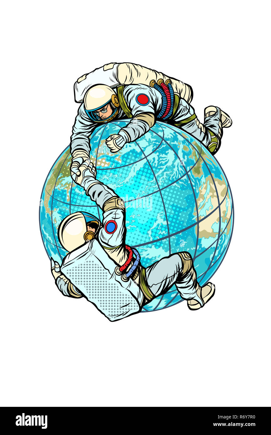 Two astronauts on the planet Earth help each other Stock Photo - Alamy