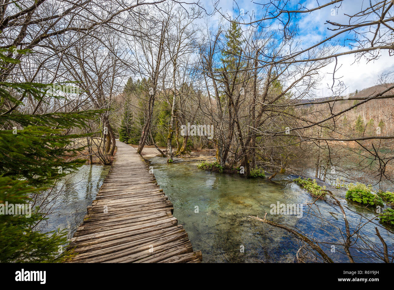 River stream and wooden path Stock Photo - Alamy
