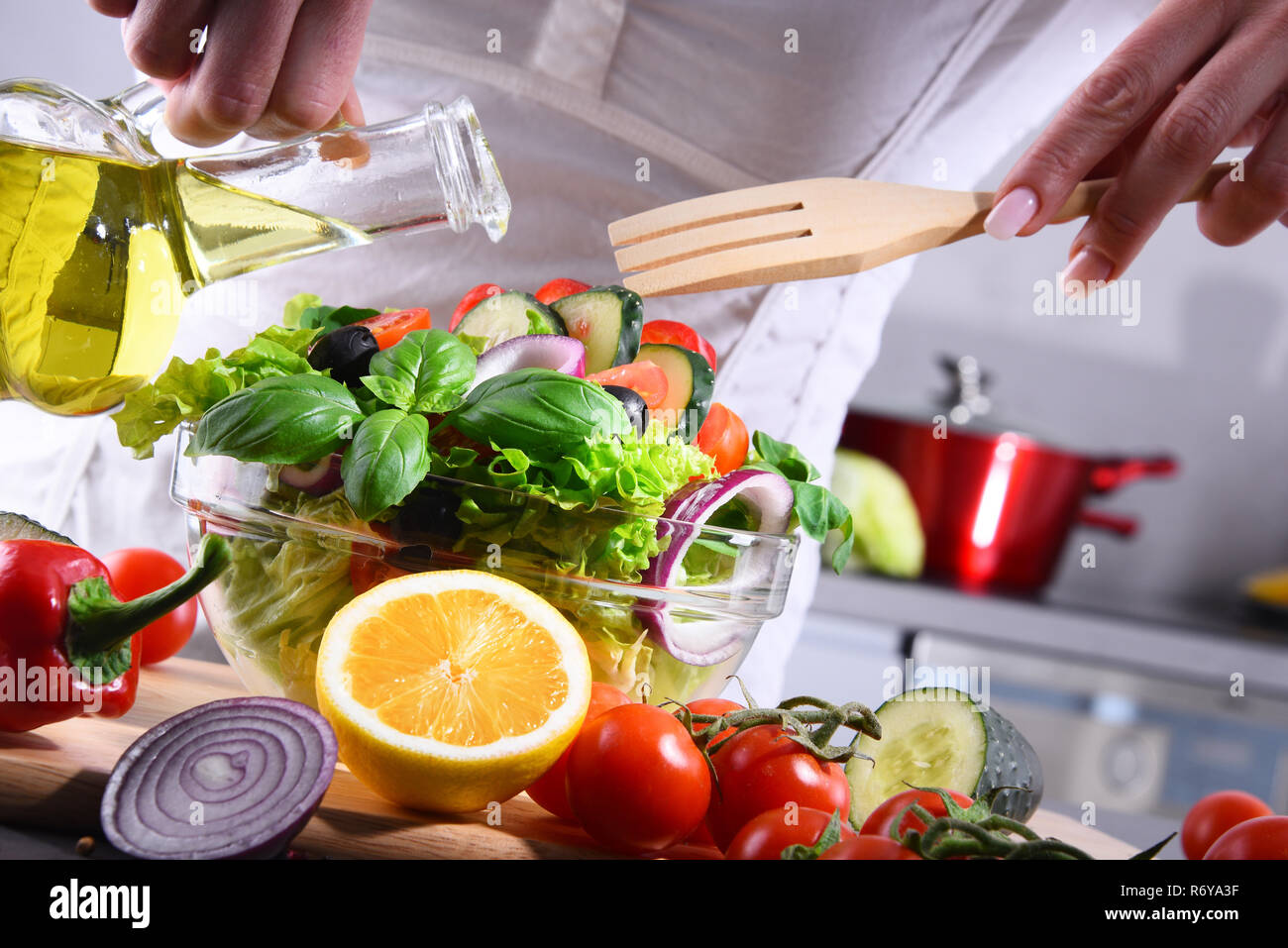 Preparation of a vegetable salad from fresh organic ingredients Stock ...