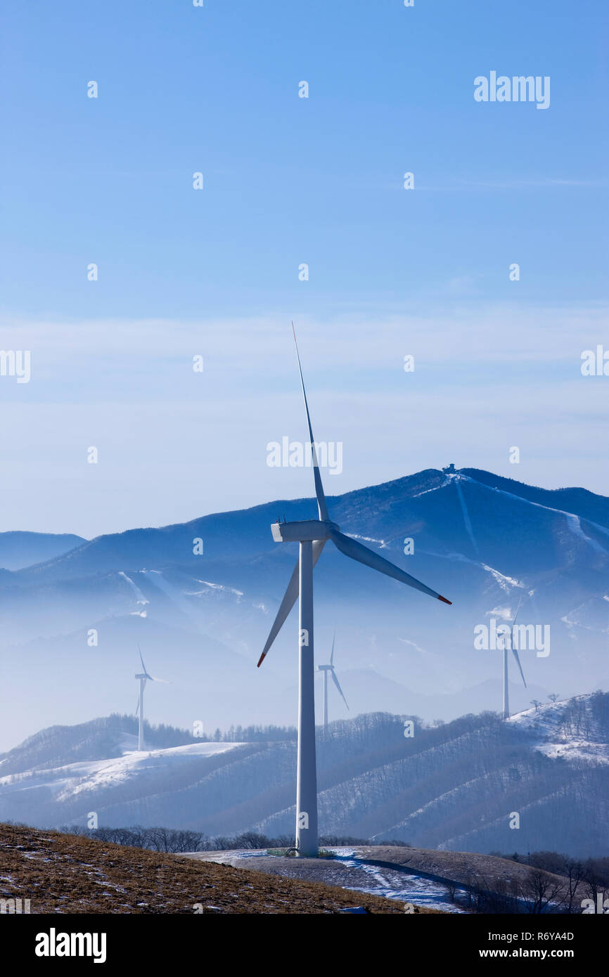 Wind turbines in rural, Province of Gangwon, south korea Stock Photo ...