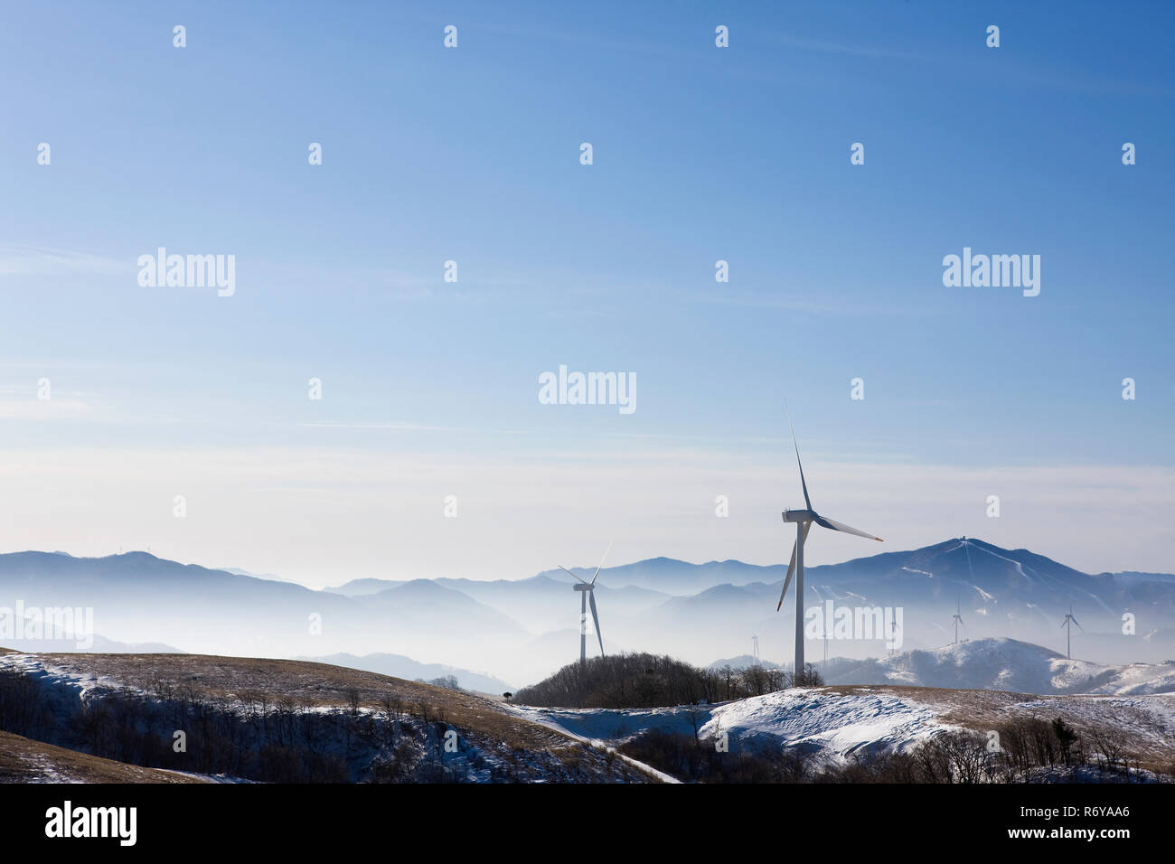 Wind turbines in rural, Province of Gangwon, south korea Stock Photo ...