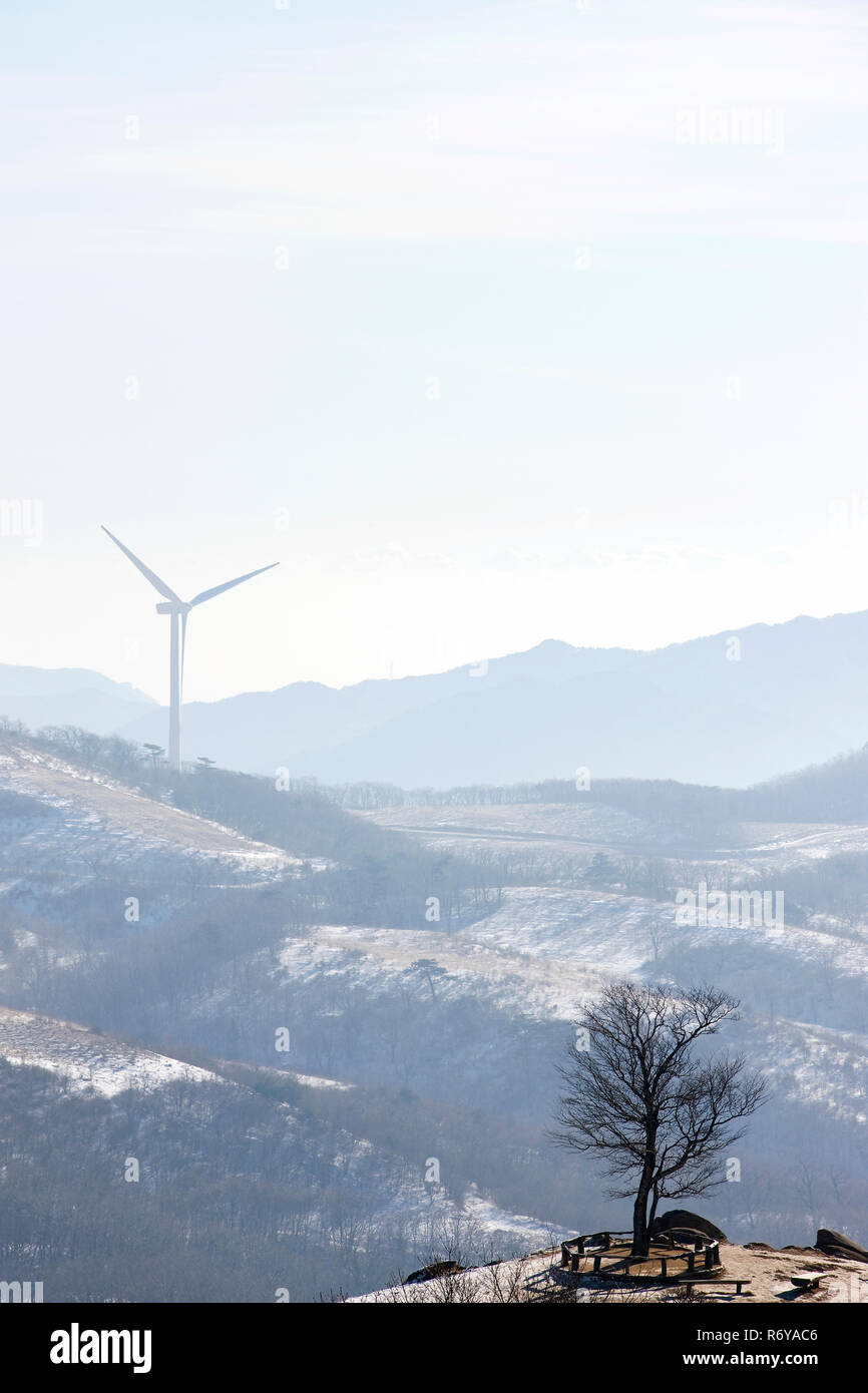 Wind turbines in rural, Province of Gangwon, south korea Stock Photo ...