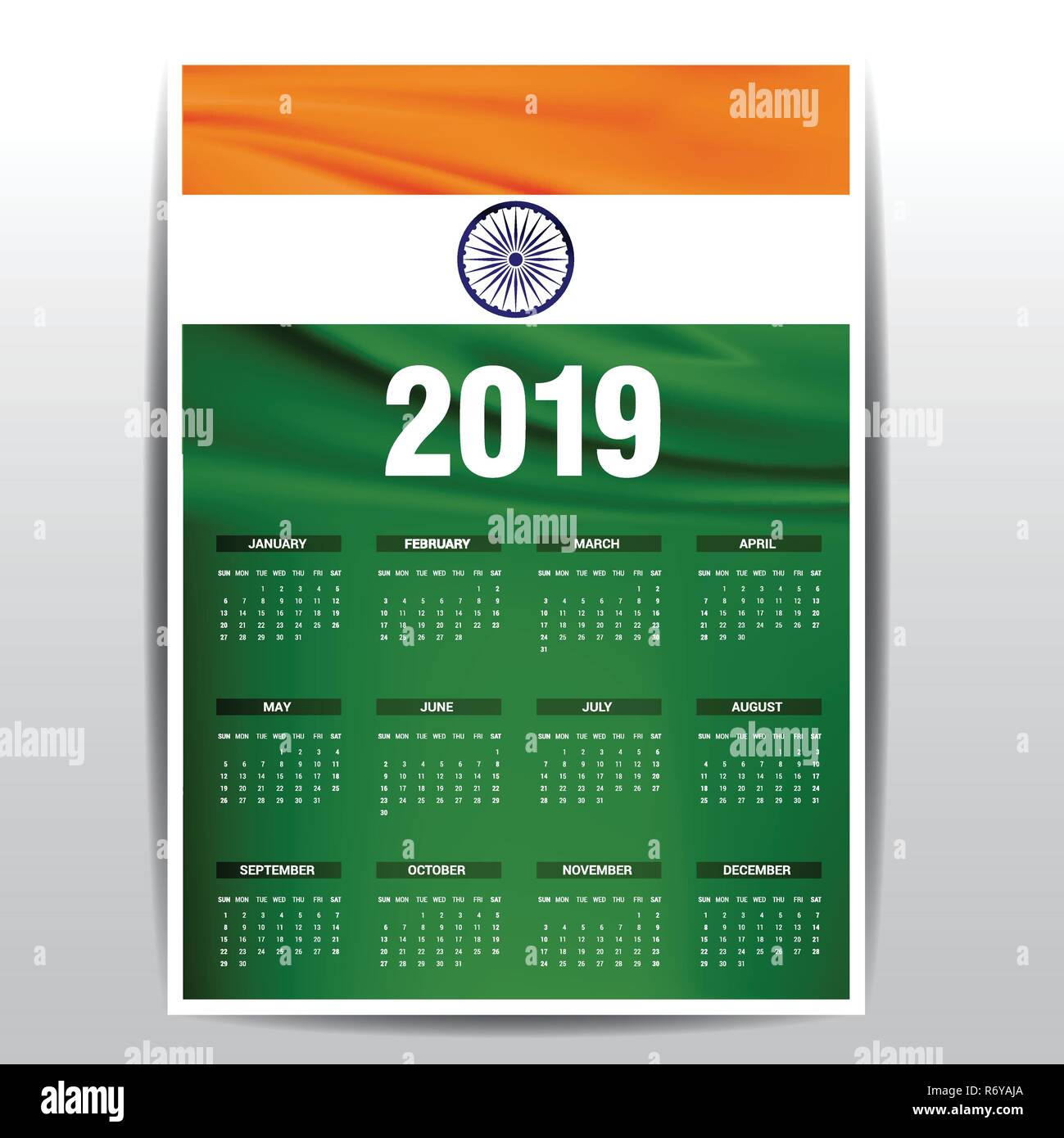 Calendar 2019 India Flag background. English language Stock Vector ...