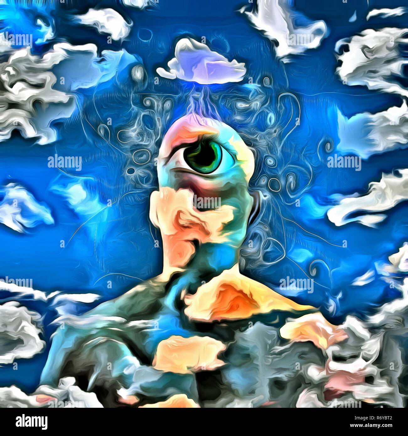 Surreal painting. Man with eye on a back of the head and storm cloud ...