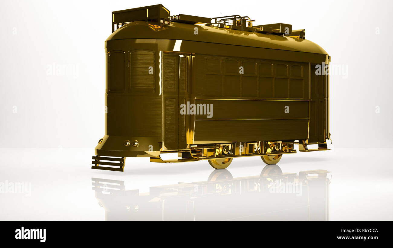 golden 3d rendering of a town tram inside a studio Stock Photo - Alamy