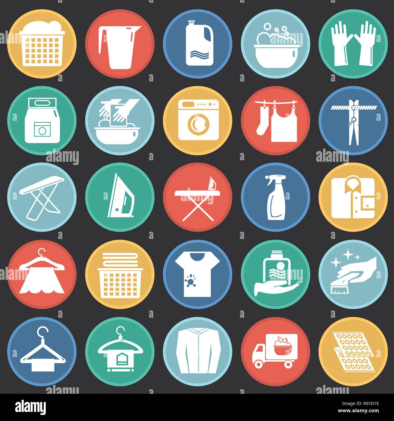 Laundry icons set on color circles black background for graphic and web ...