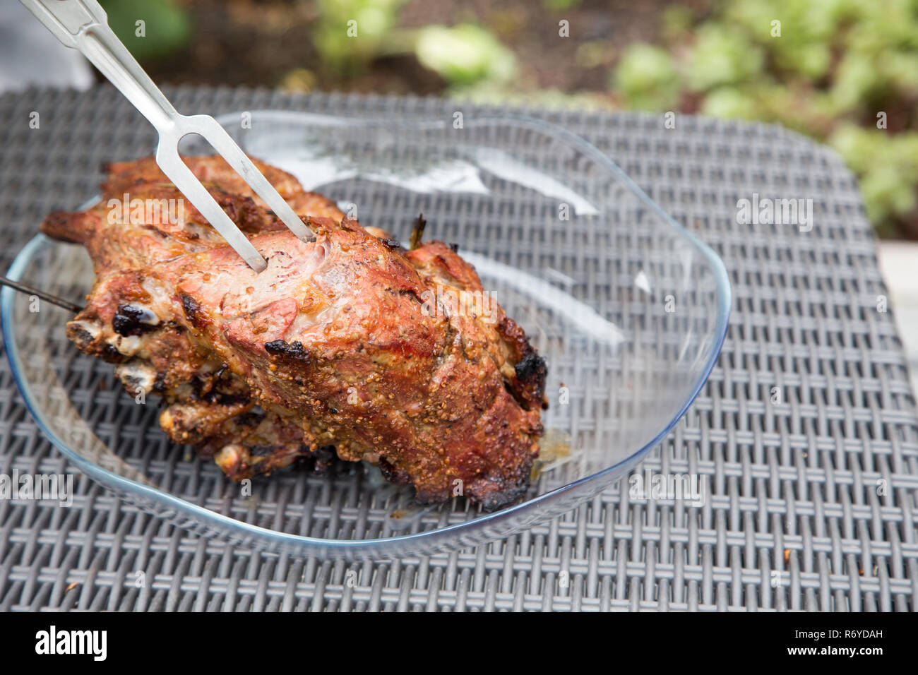 grilled juicy beef meat. meat on a plate at a picnic Stock Photo - Alamy