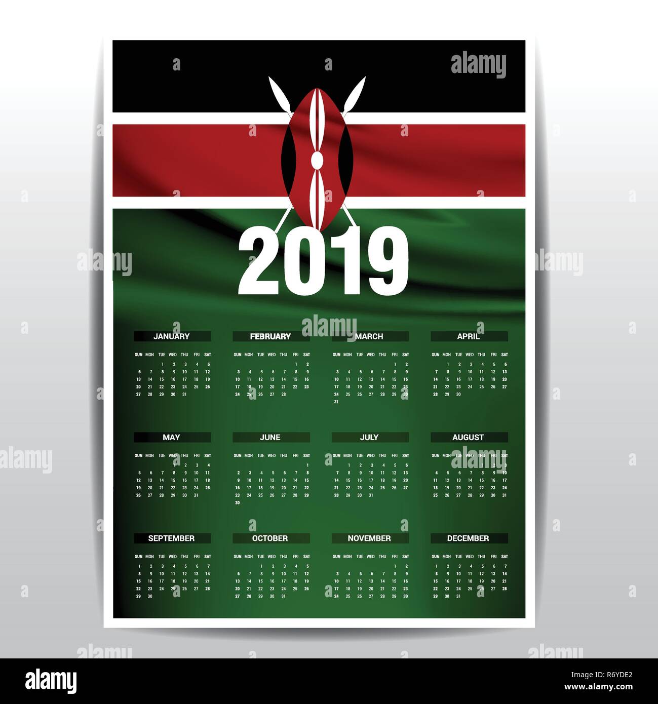 Calendar 2019 Kenya Flag background. English language Stock Vector ...