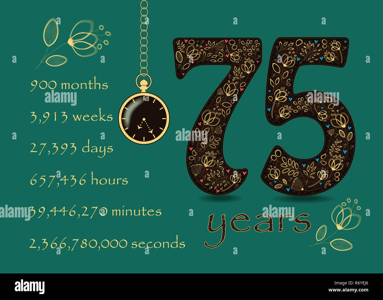 Floral card Number Seventy Five and Pocket Watch Stock Photo - Alamy
