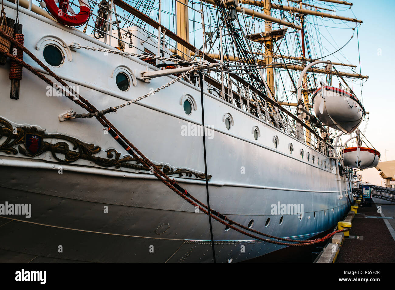 old sailing ship, frigate at anchor in the port Stock Photo - Alamy