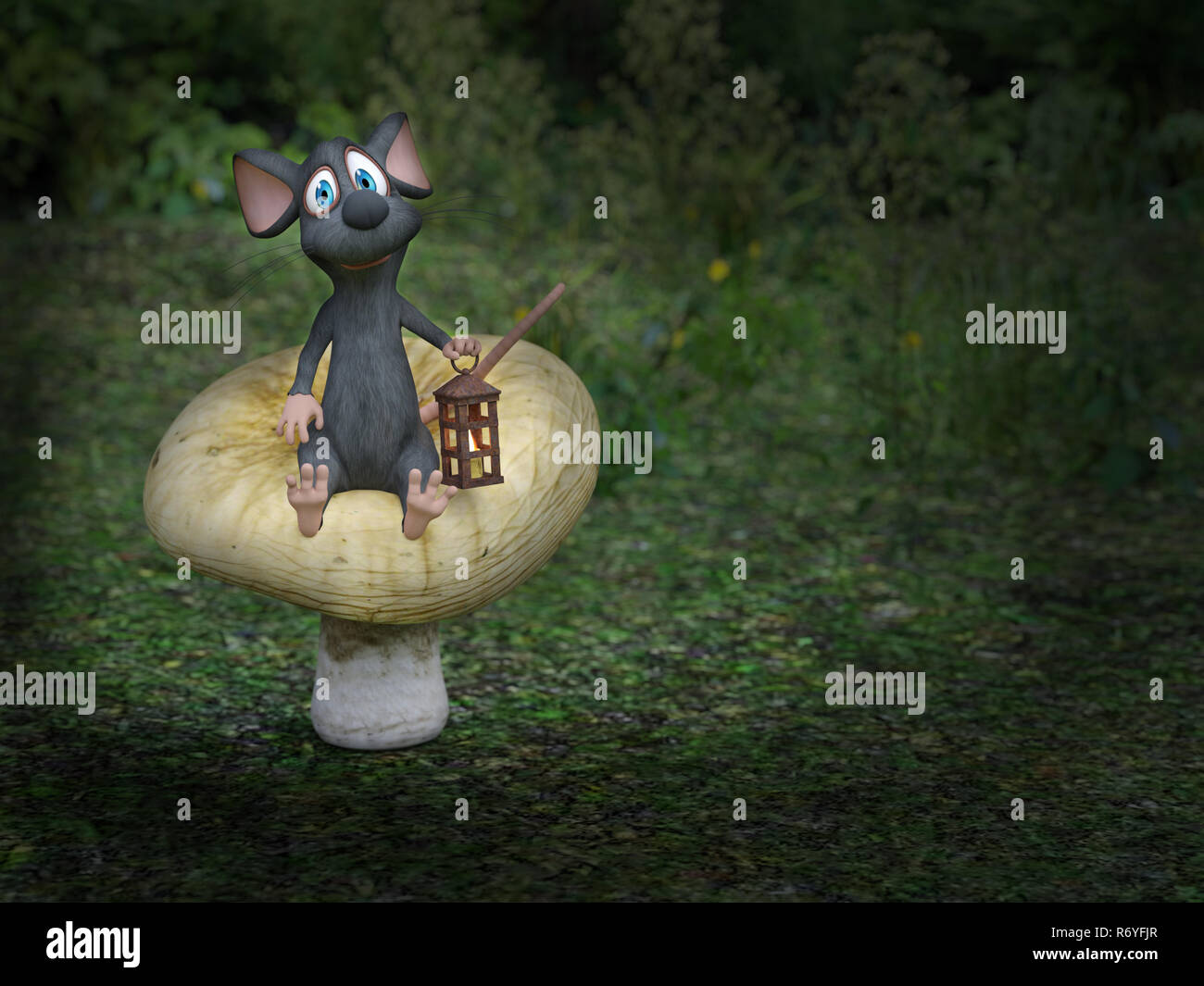 3D rendering of a cartoon mouse sitting on a fairytale mushroom Stock ...