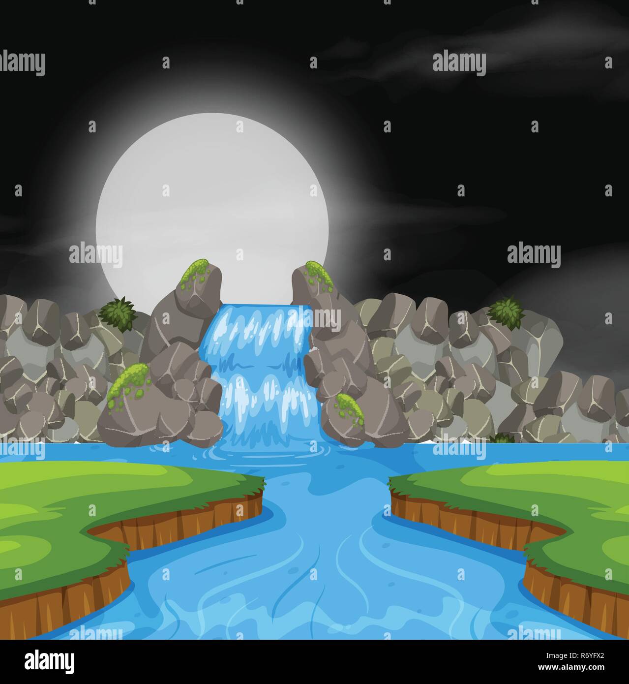 Waterfall landscape at night illustration Stock Vector Image & Art - Alamy