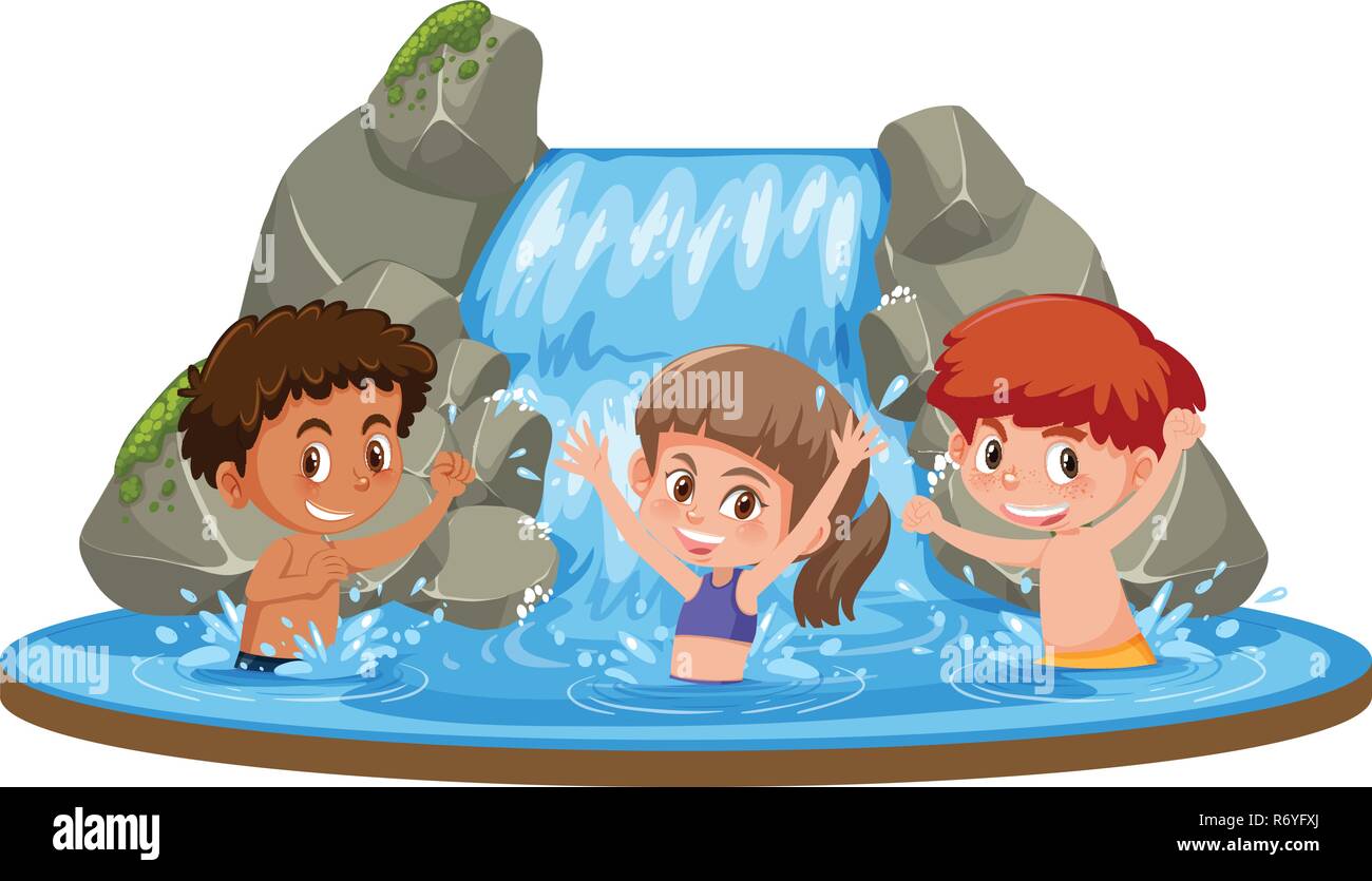 Happy kids at waterfall illustration Stock Vector Image & Art - Alamy