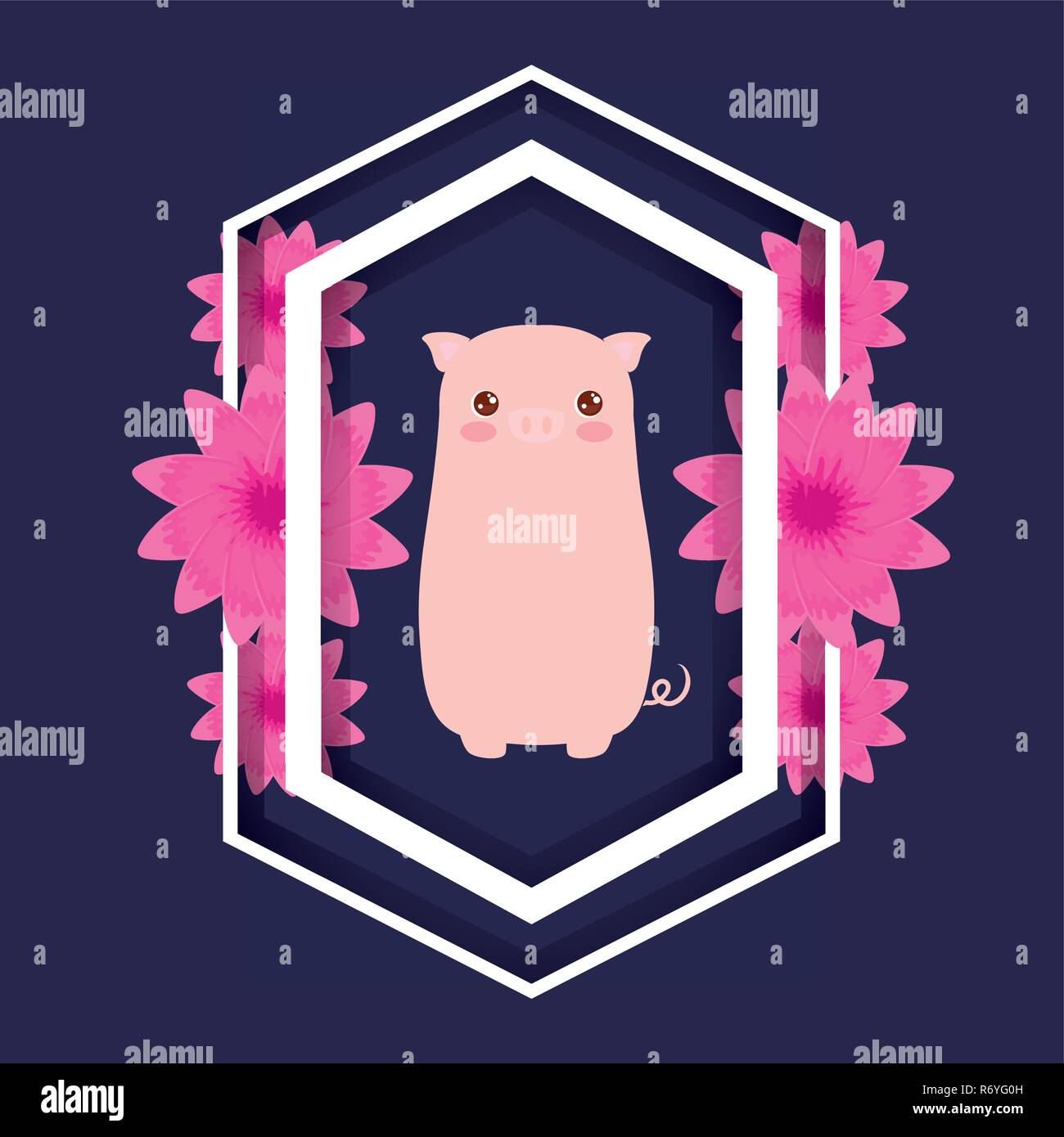 decorative frame with tropical leaves and cute pig icon over purple ...