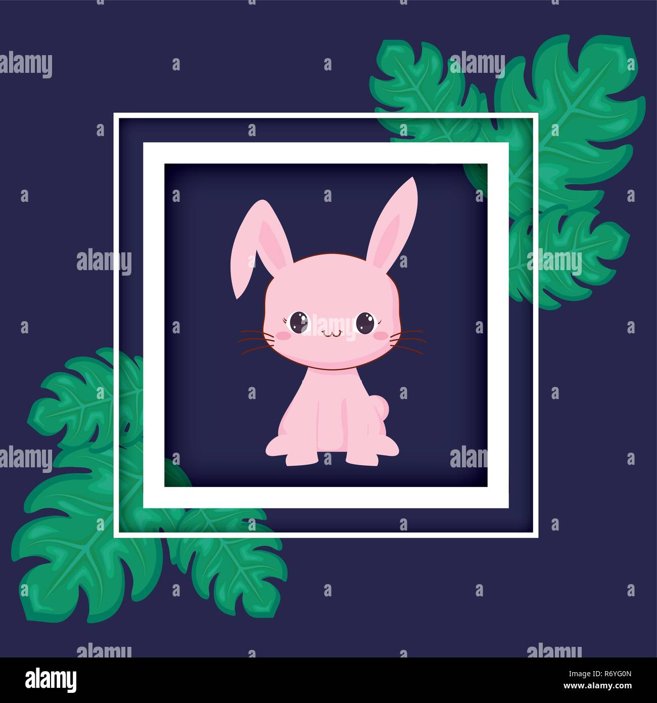 cute rabbit and decorative frame and tropical leaves over purple ...