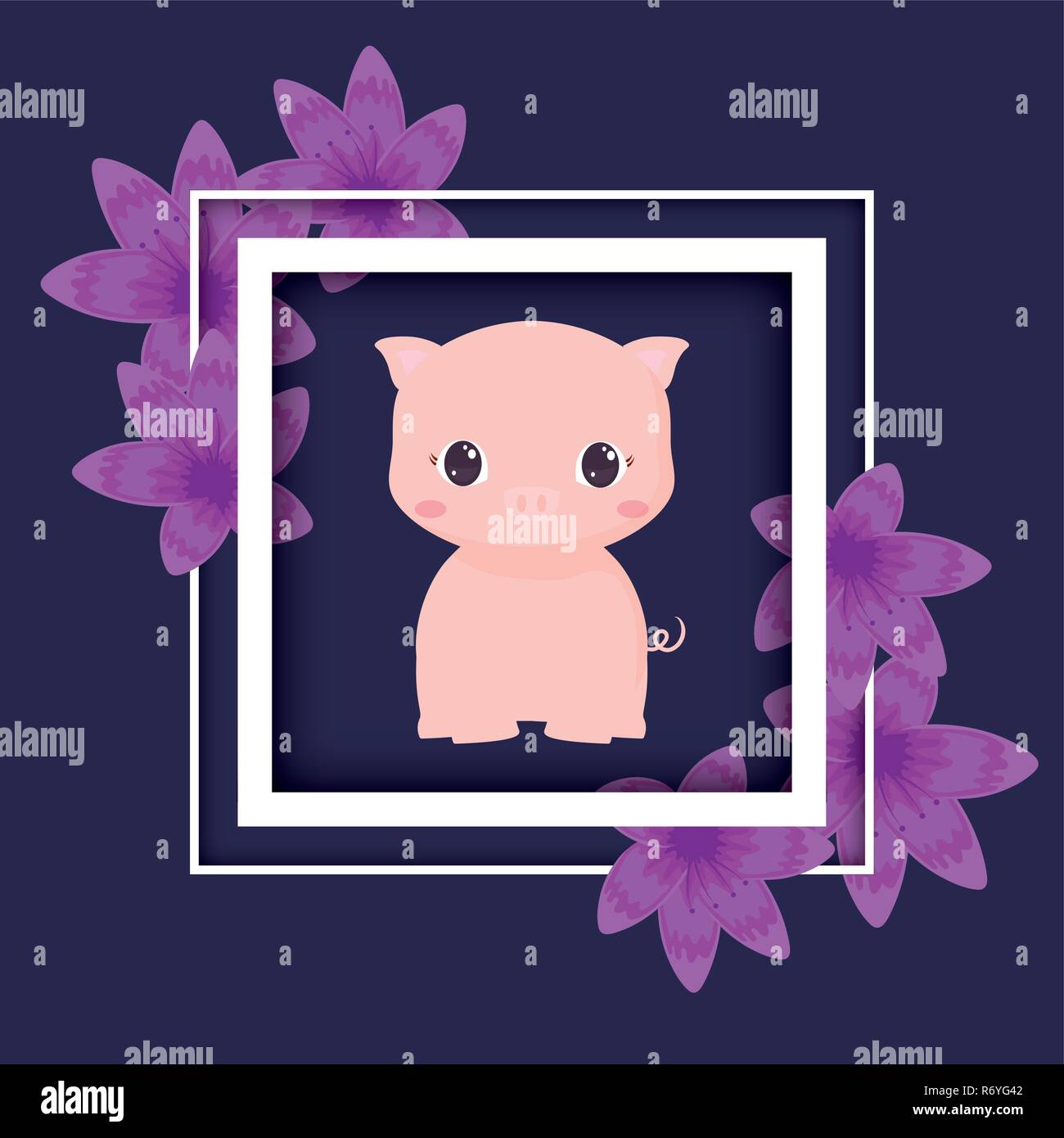 cute pig and decorative frame and tropical leaves over purple ...