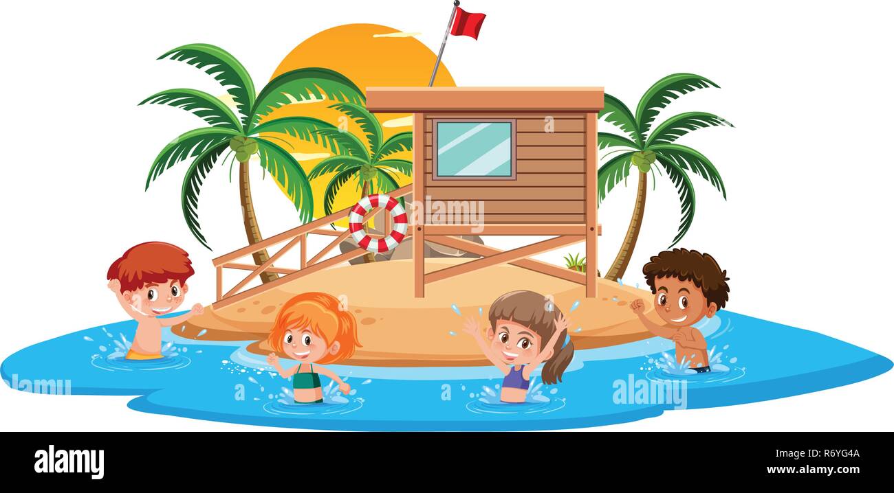 Kids Swimming Beach Clipart