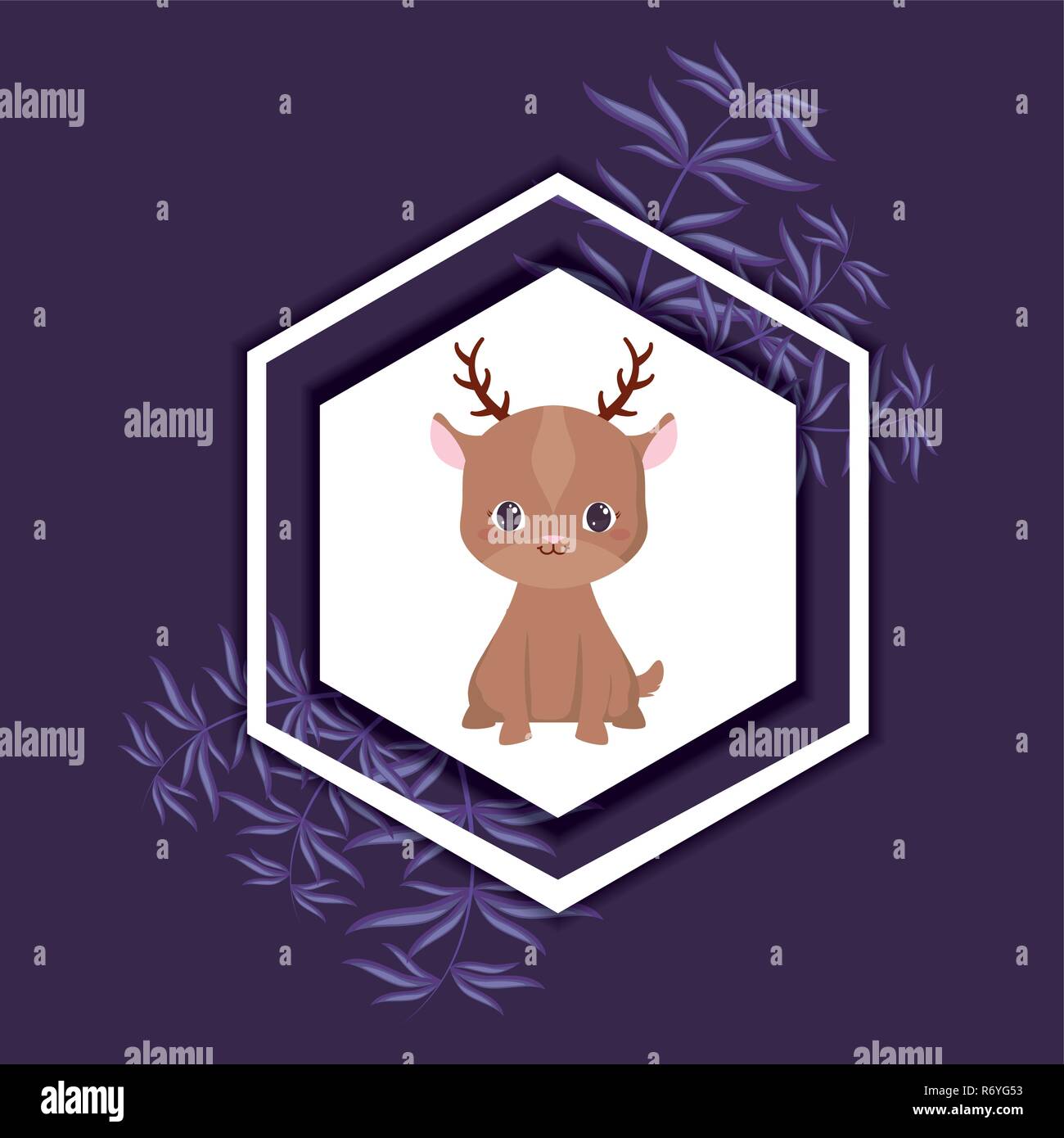decorative frame with tropical leaves and cute deer icon over purple ...