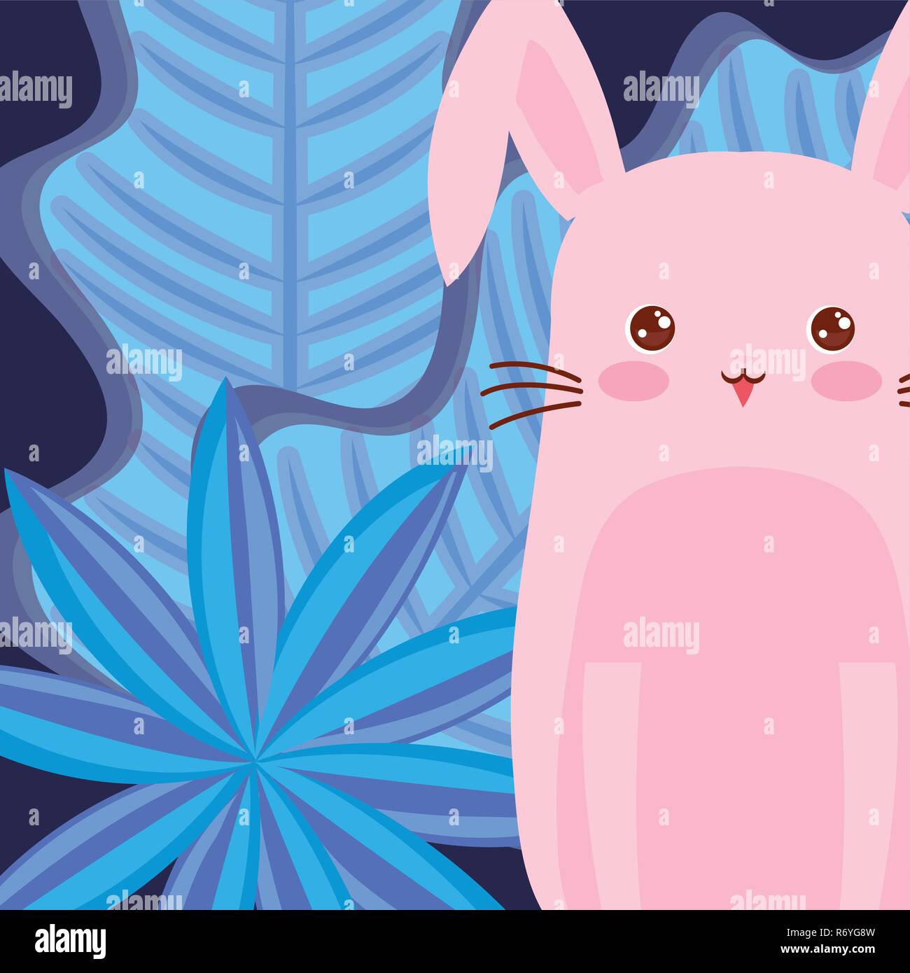 cute rabbit over tropical leaves background, colorful design, vector ...