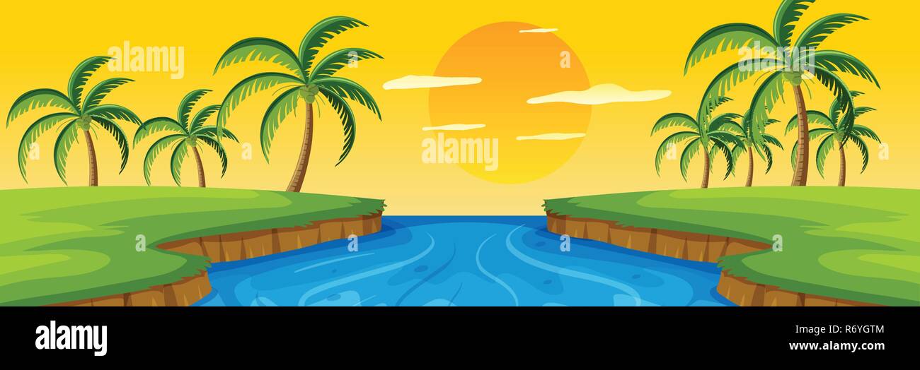 Nature river landscape at sunset illustration Stock Vector Image & Art ...