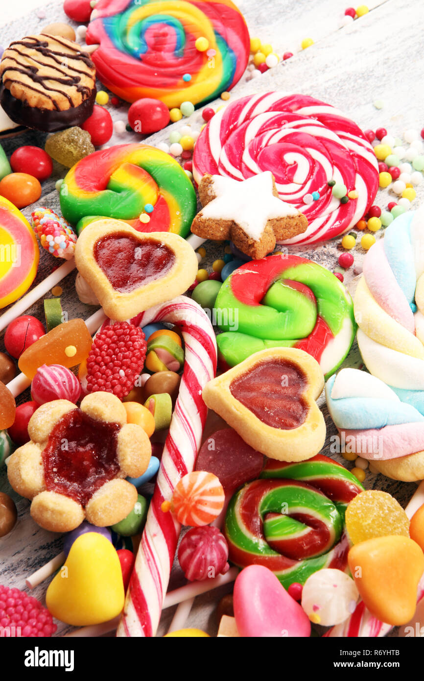 candies with jelly and sugar. colorful array of different childs sweets ...