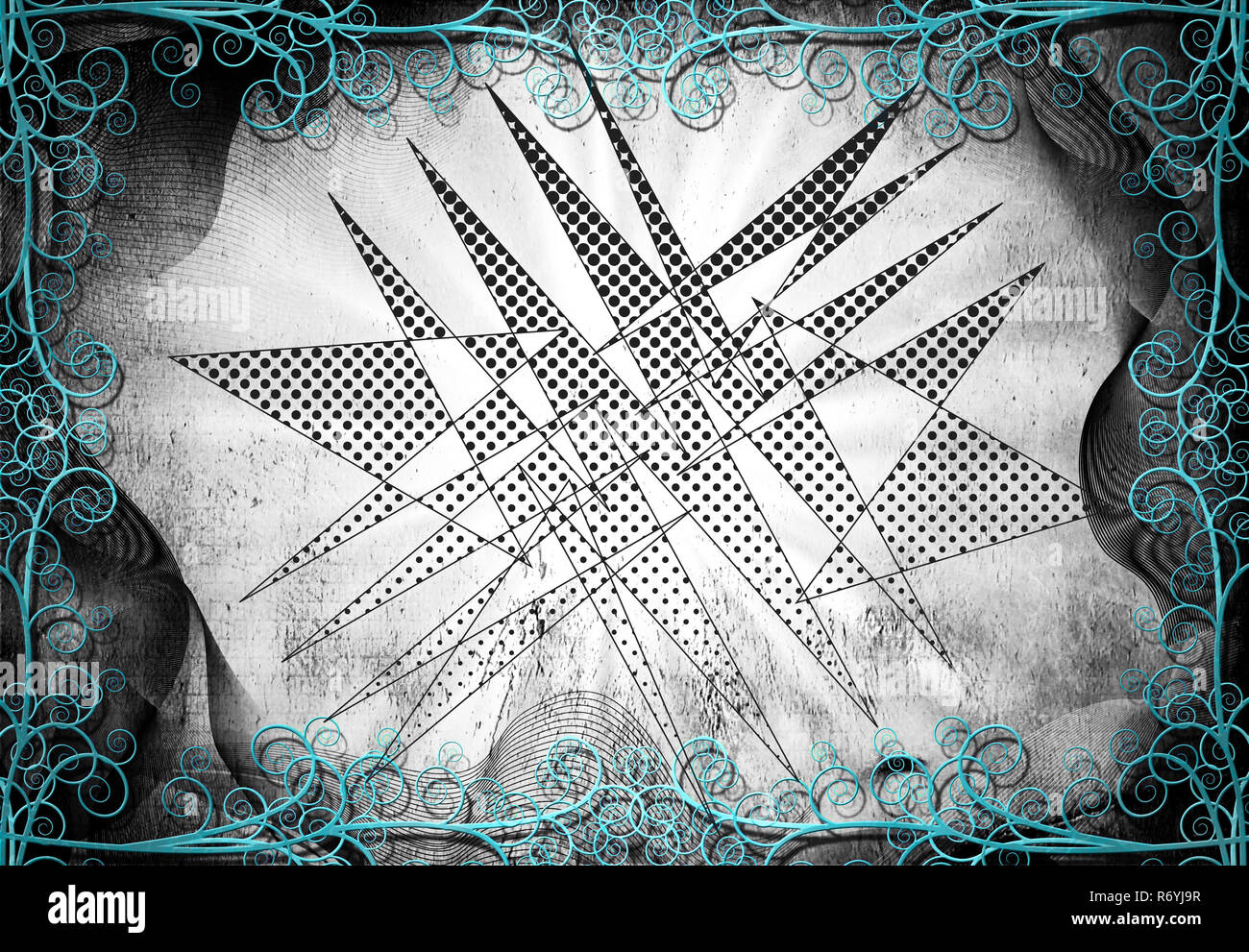 Abstract triangles figures and shining rays of light and curly frame at ...