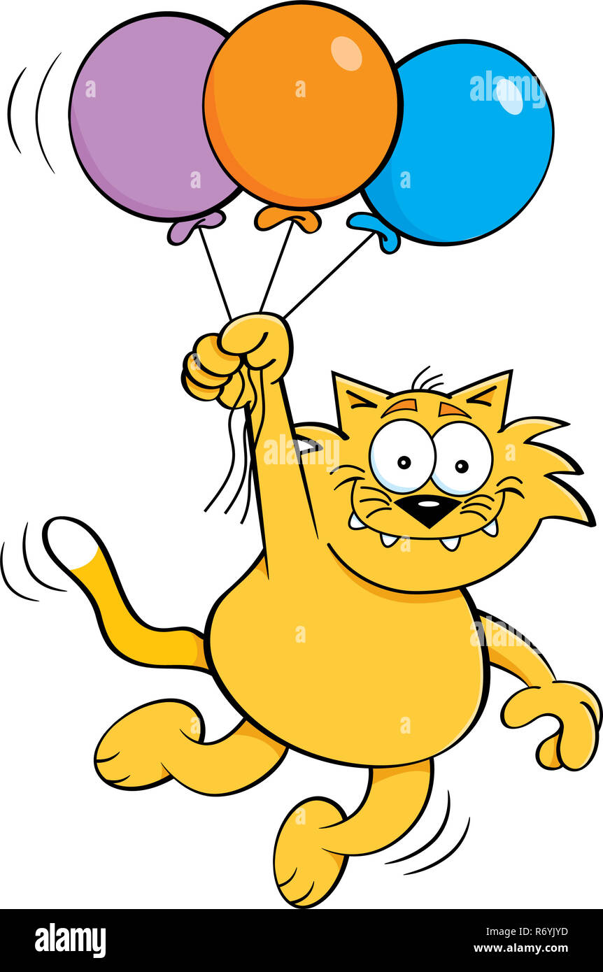 Cartoon illustration of a cat holding balloons Stock Photo - Alamy