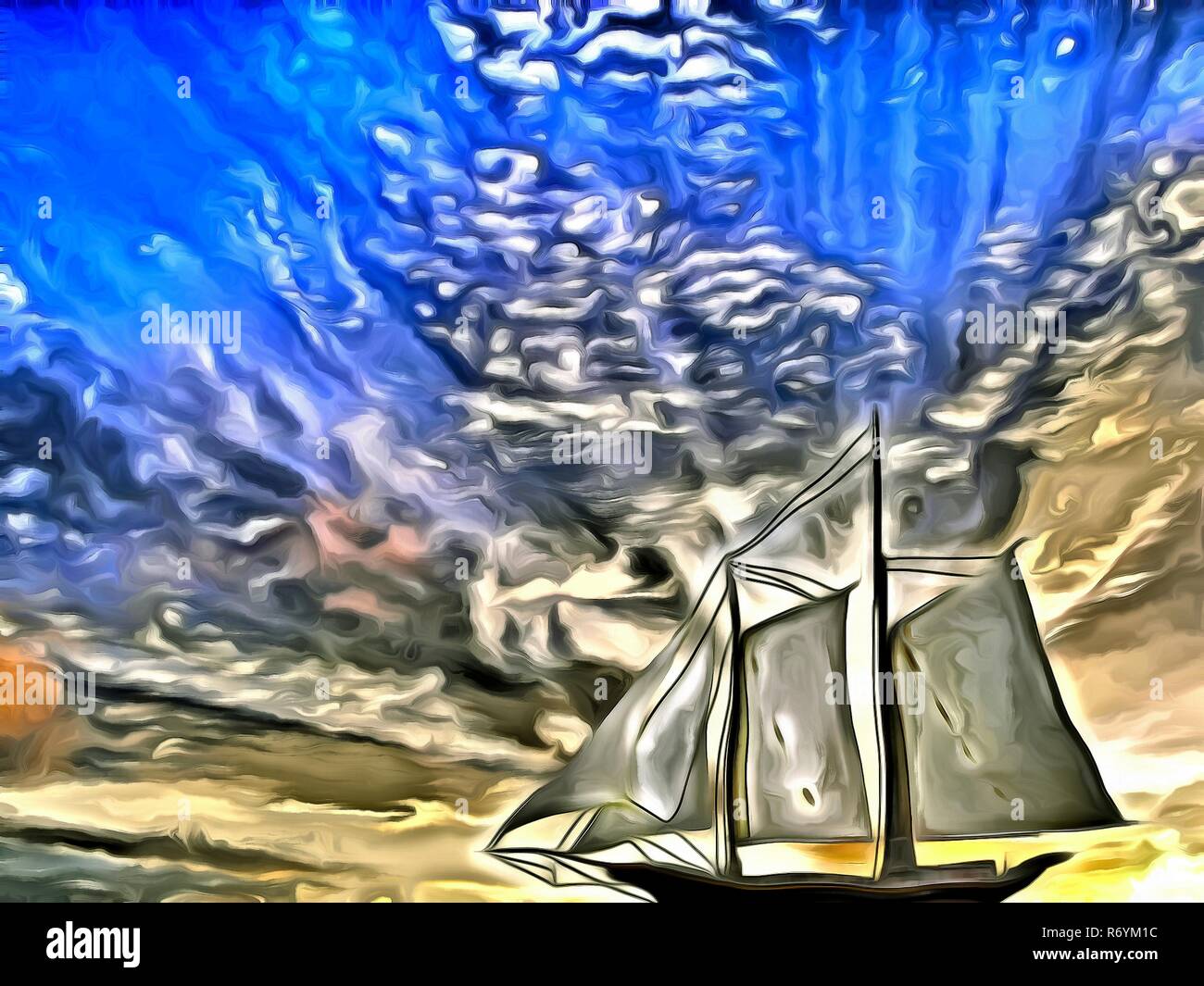 Painting. Sailboat. Dramatic sky Stock Photo - Alamy