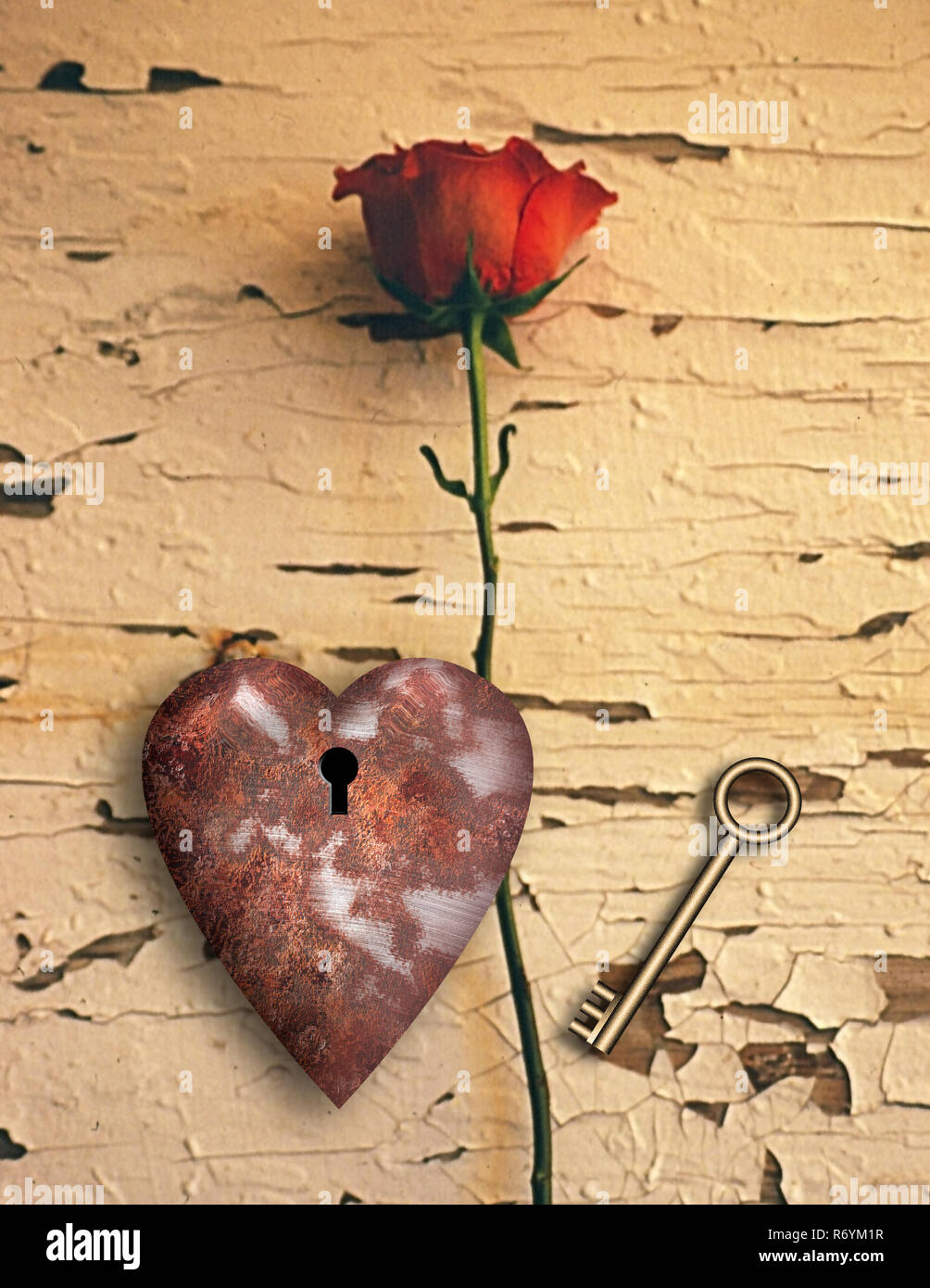 Rusted love. Surrealism. Red rose and rusted heart with keyhole. Golden ...