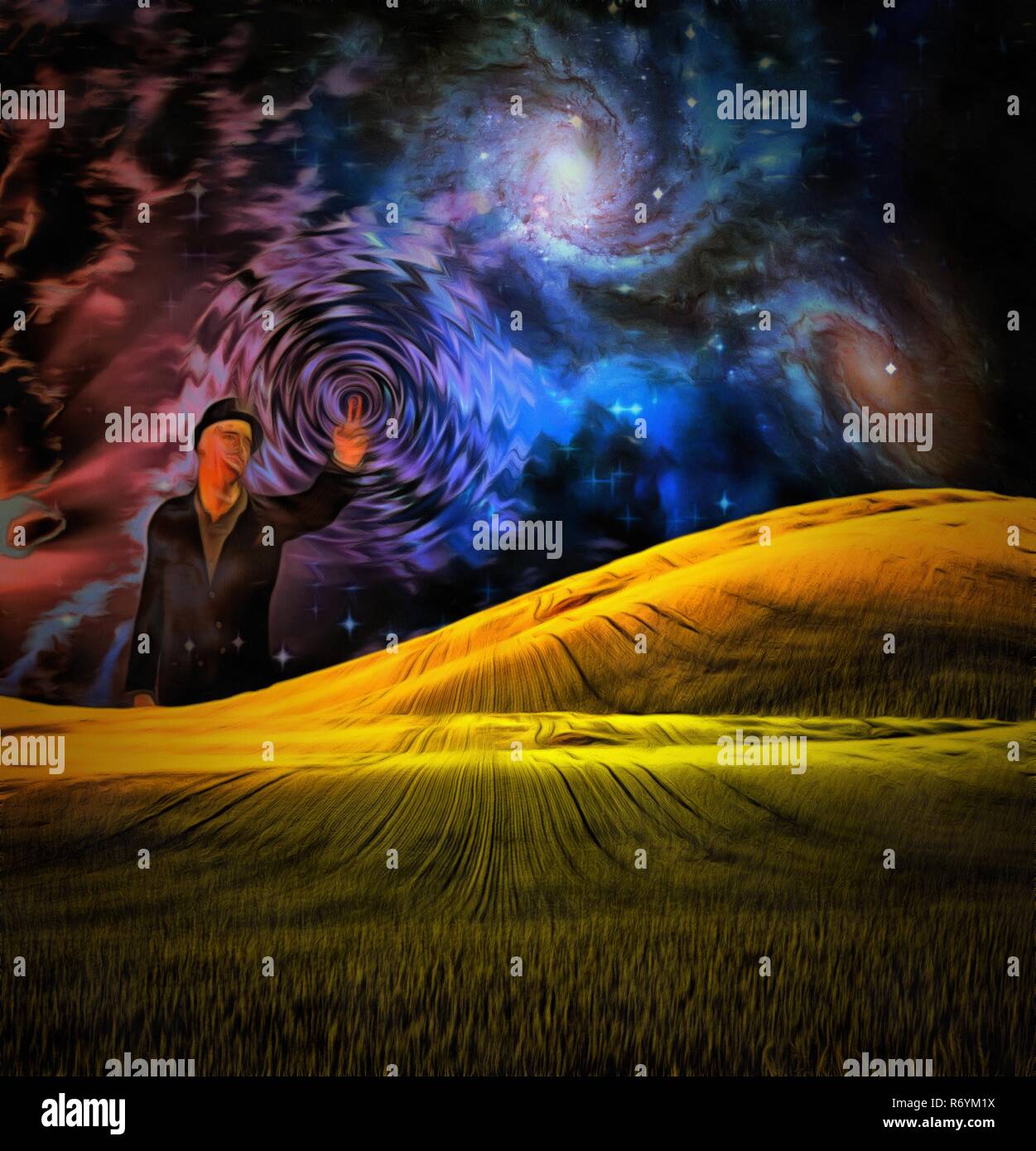 Surrealism. Green field and vivid universe. Man touches the sky making ...