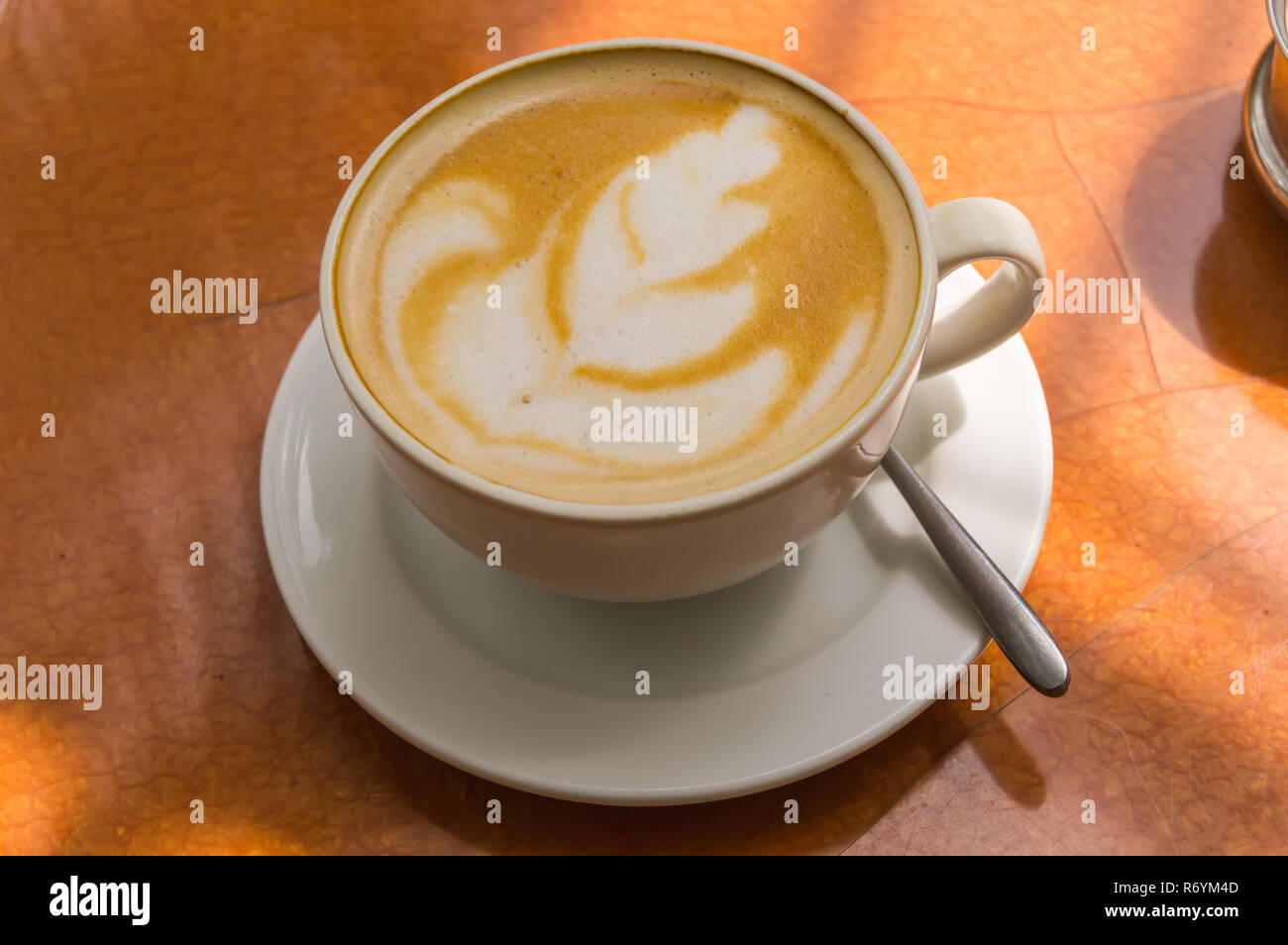 Simple cappuccino on a brown round table in a tropical garden Stock ...