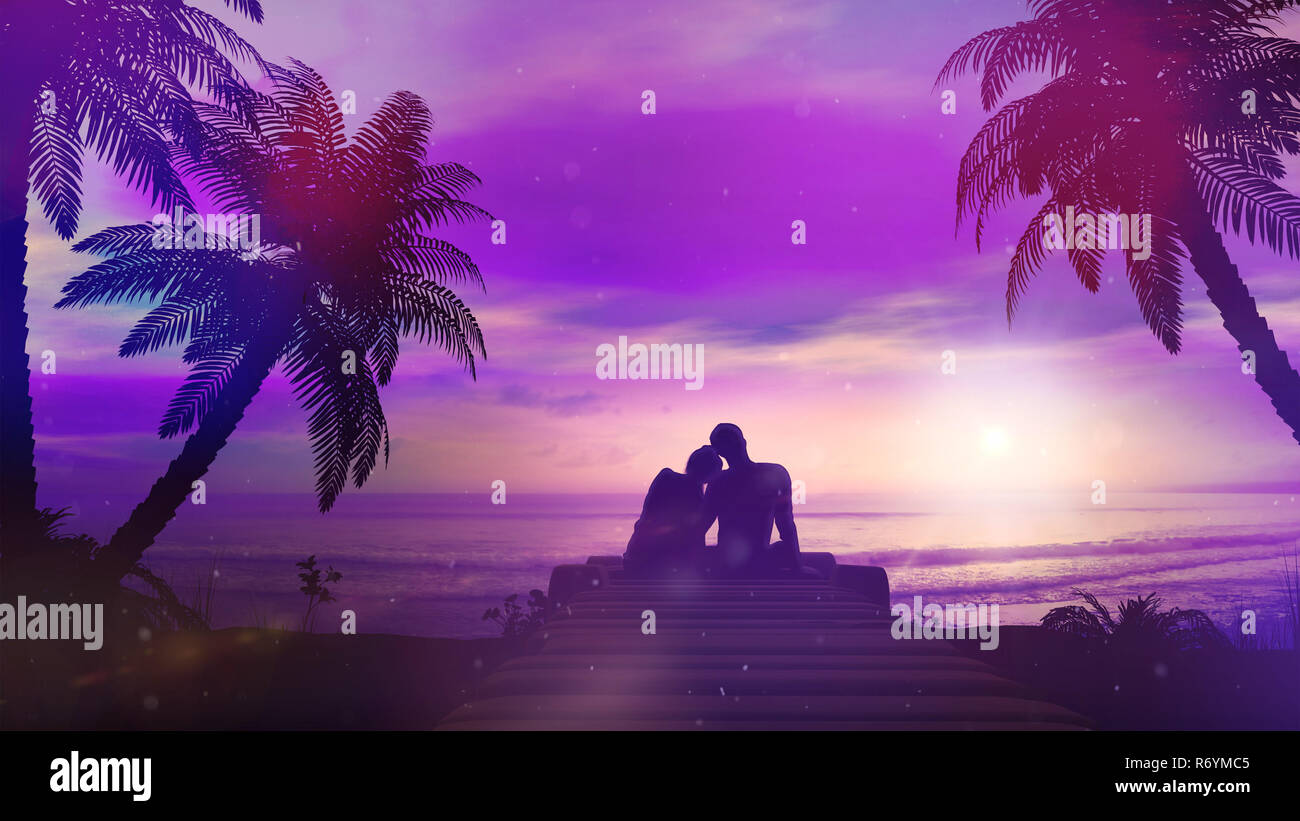 Romantic Couple Meets The Sunset By The Ocean Stock Photo - Alamy