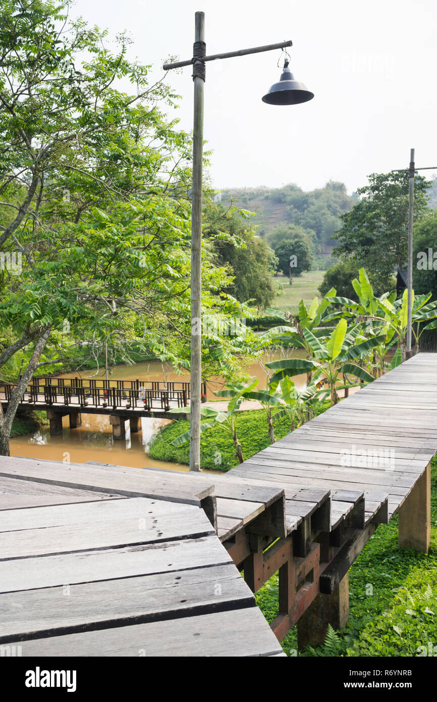 Wooden walkway to tropical garden Stock Photo - Alamy