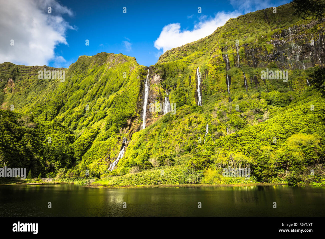 azores landscape in flores island. waterfalls in pozo da alagoinha ...