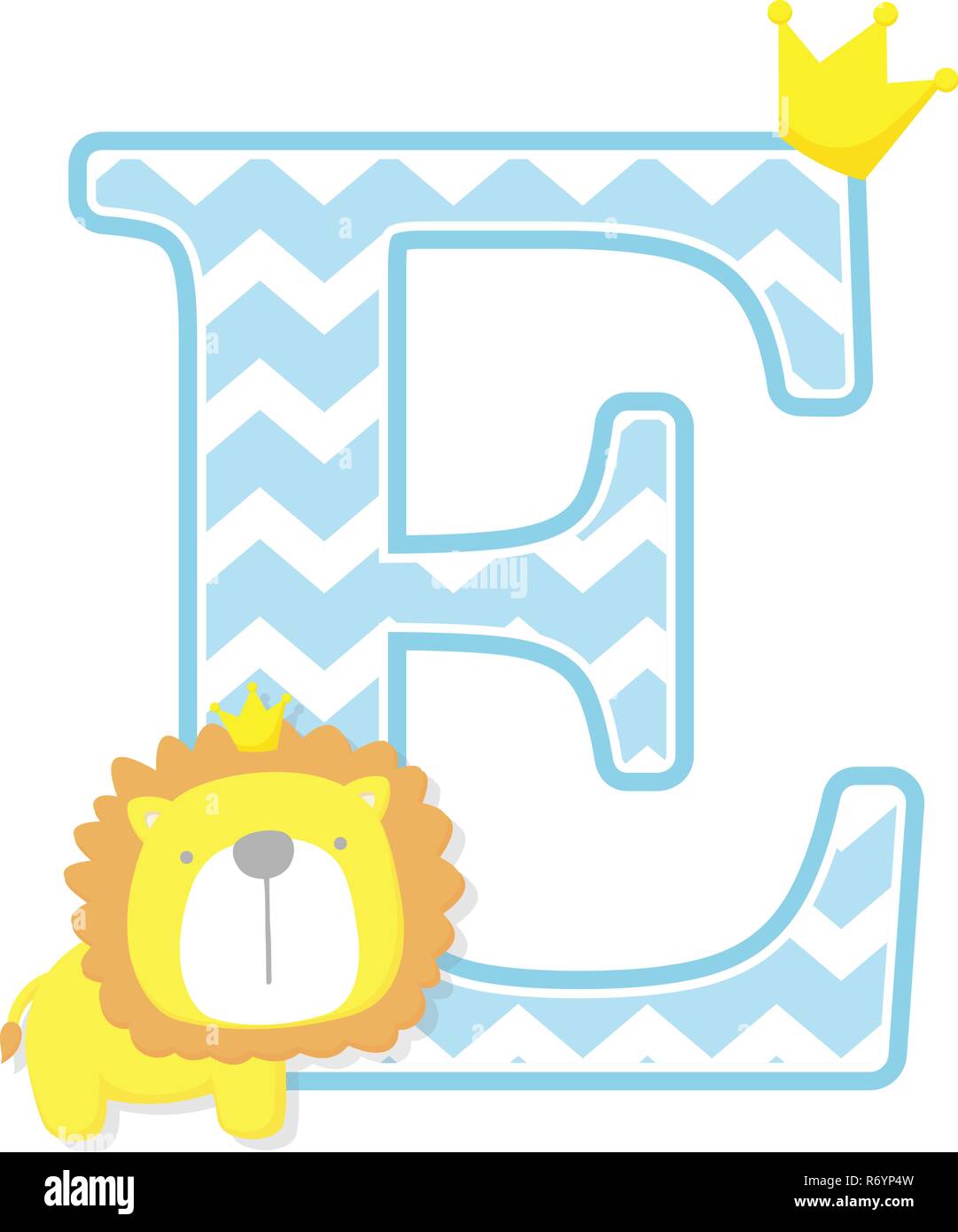 initial e with cute little lion king with golden crown isolated on ...