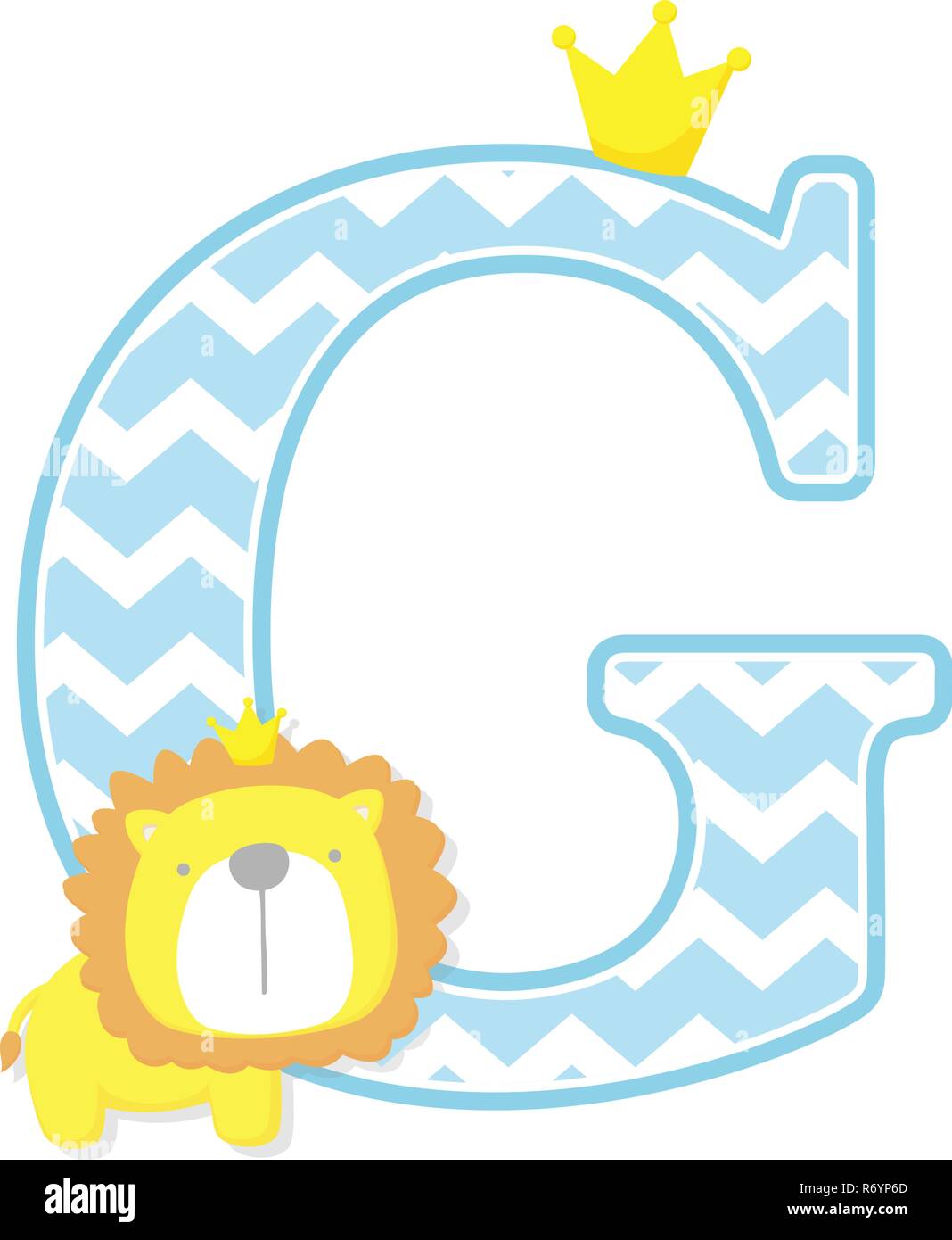 initial g with cute little lion king with golden crown isolated on ...