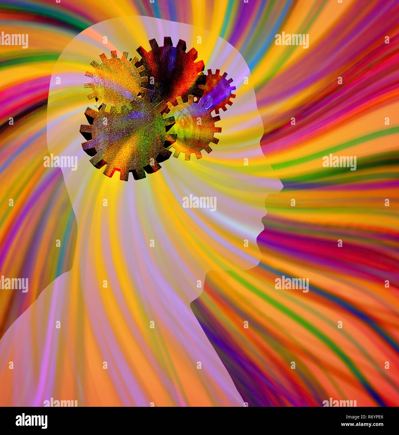 Art thinking process. Human head profile silhouette with gears inside ...