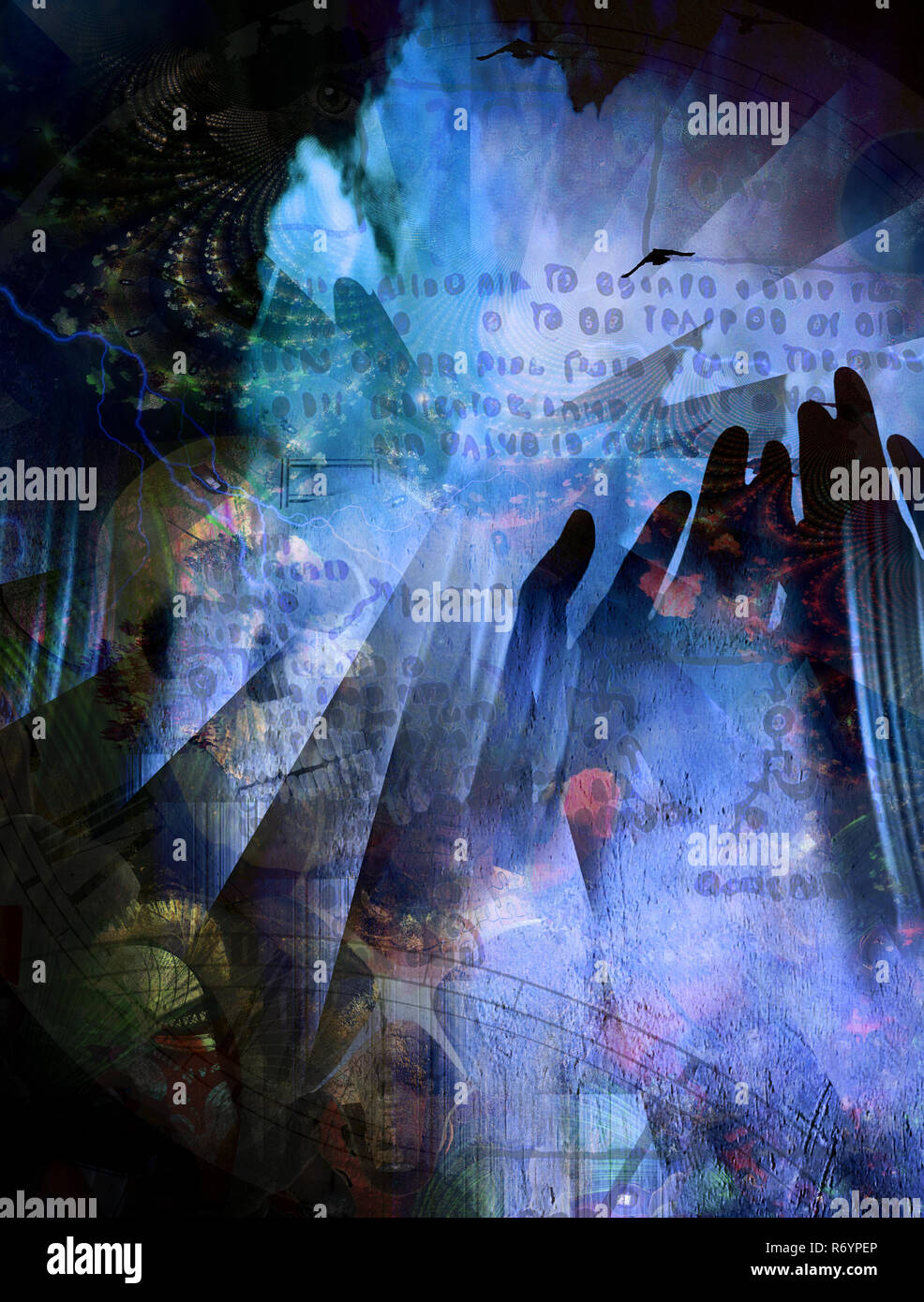 Surreal composition with human hands silhouette, skull and ancient ...