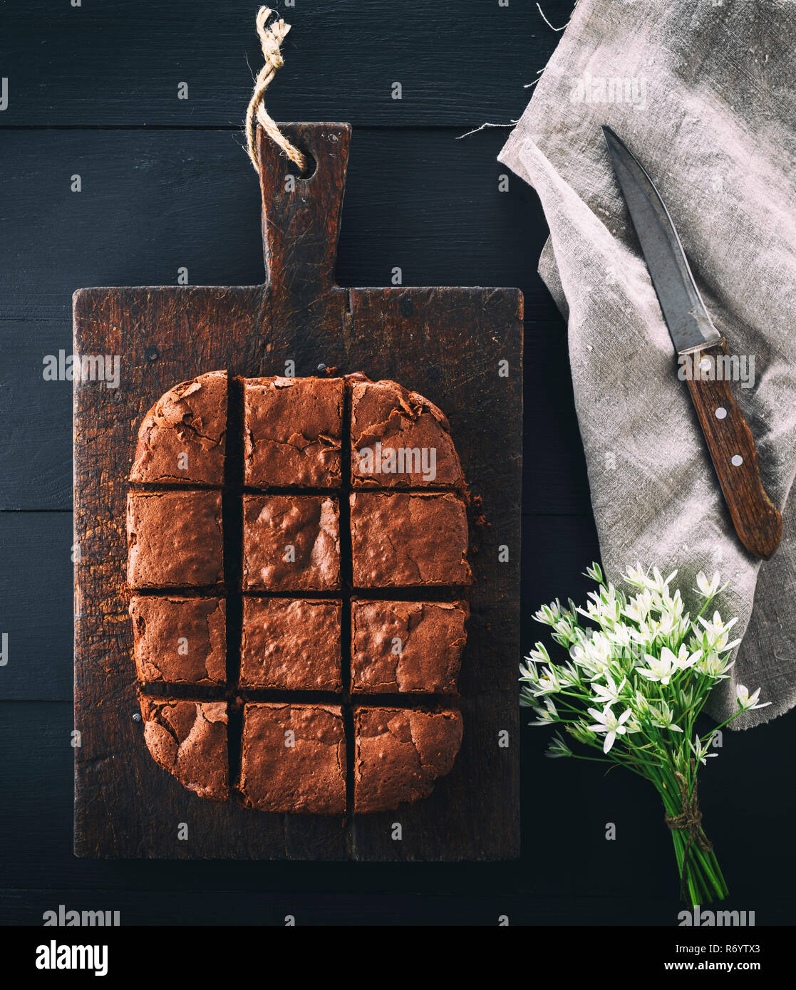 baked rectangular chocolate brownie pie is cut into squares Stock Photo ...