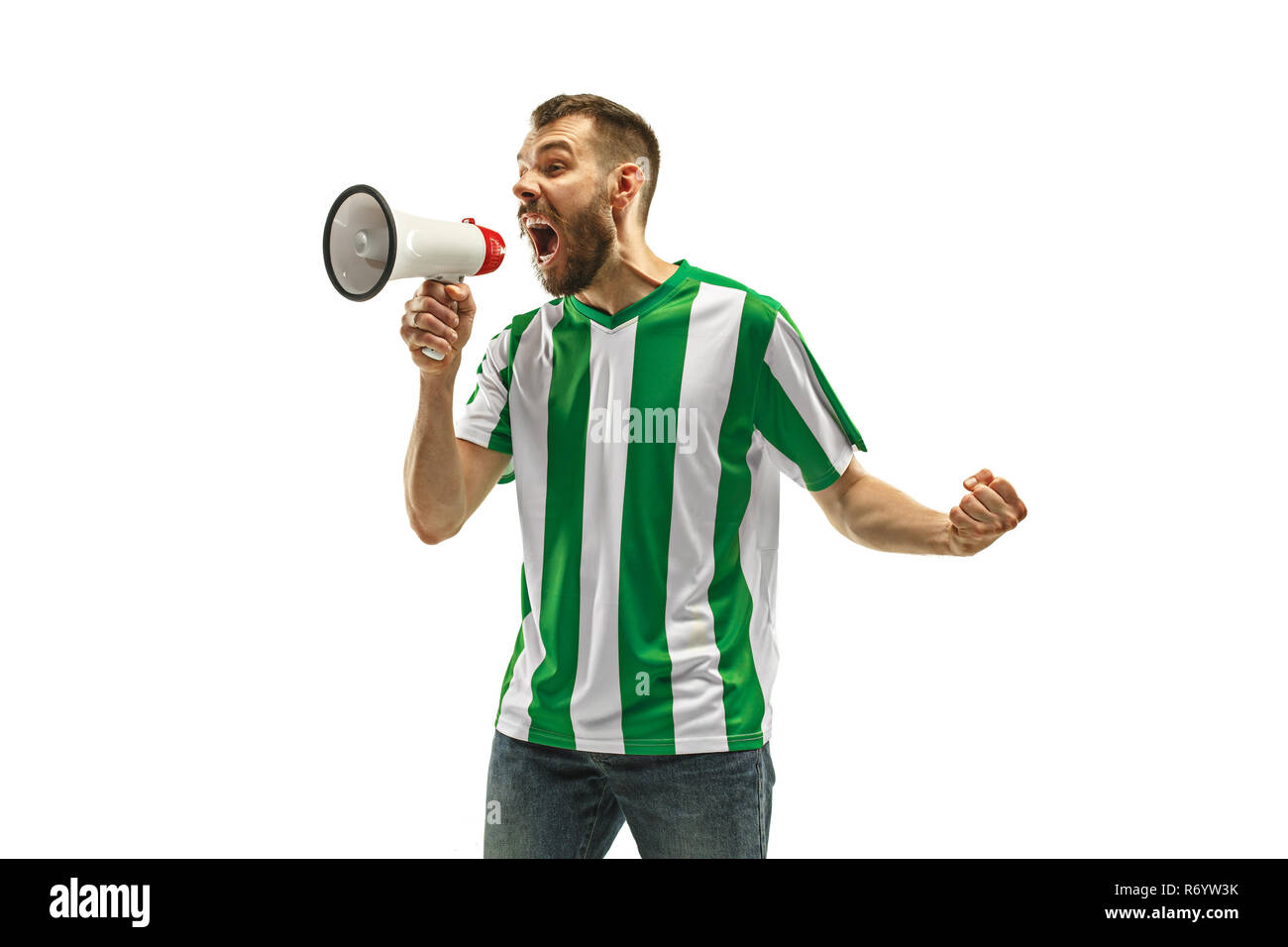 Irish fan celebrating on white background Stock Photo - Alamy