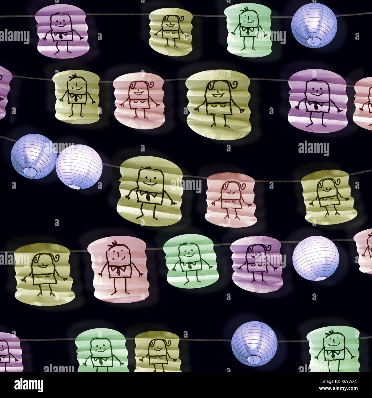 Paper Lanterns Garlands with Cartoon Characters by Night Stock Photo ...