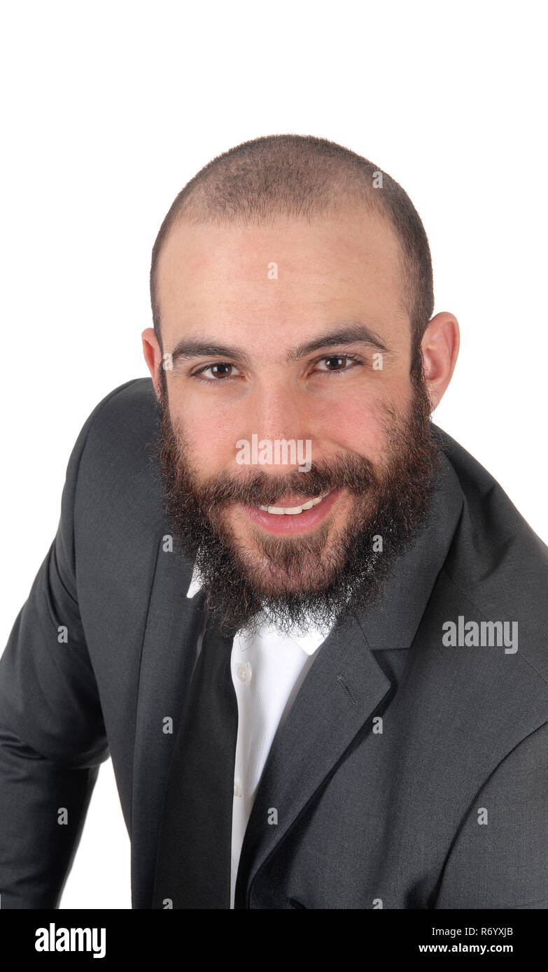 Business man sitting, bending forward, smiling Stock Photo - Alamy