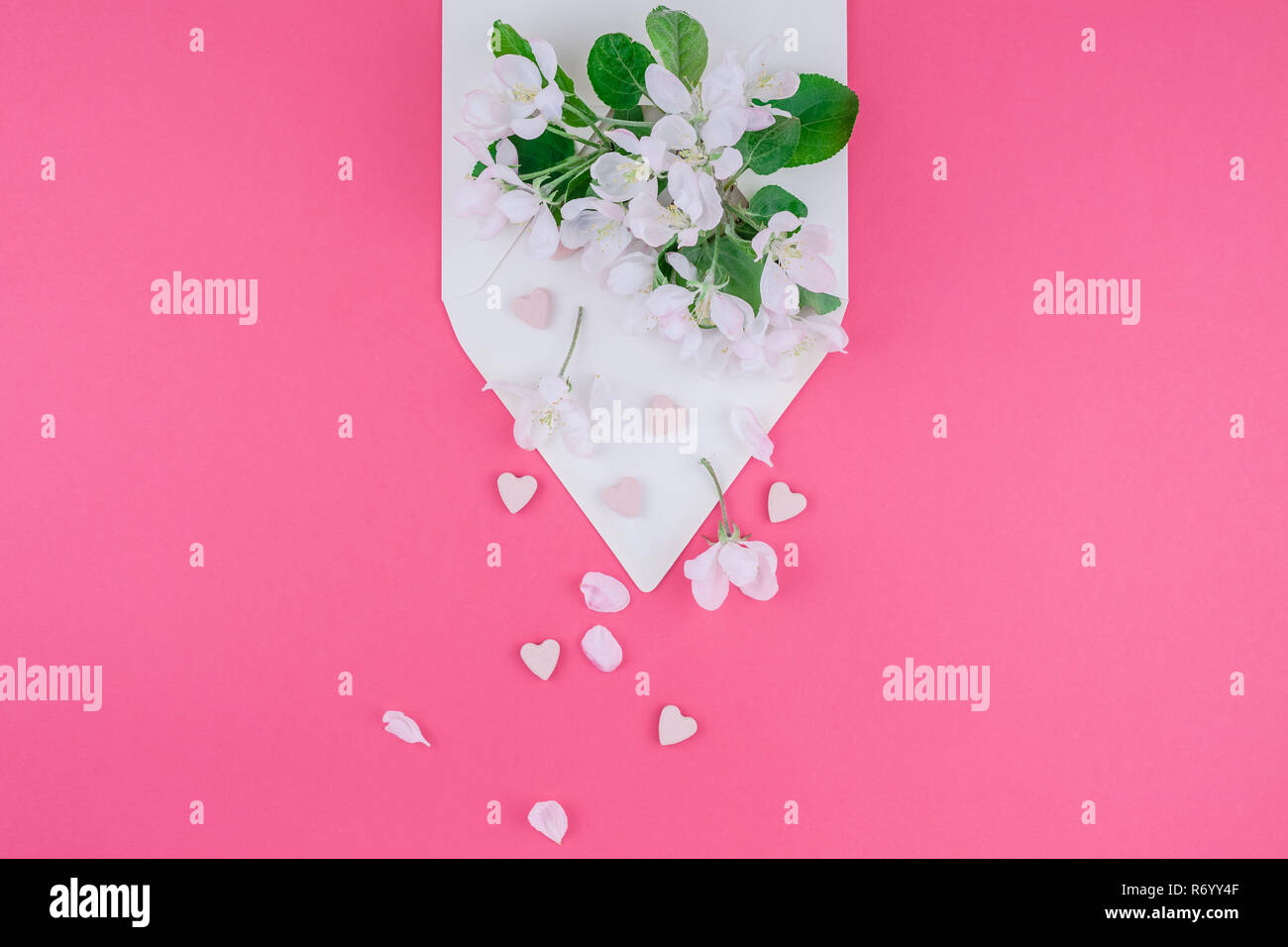 Creative flat lay concept top view of blank letter envelope and apple ...