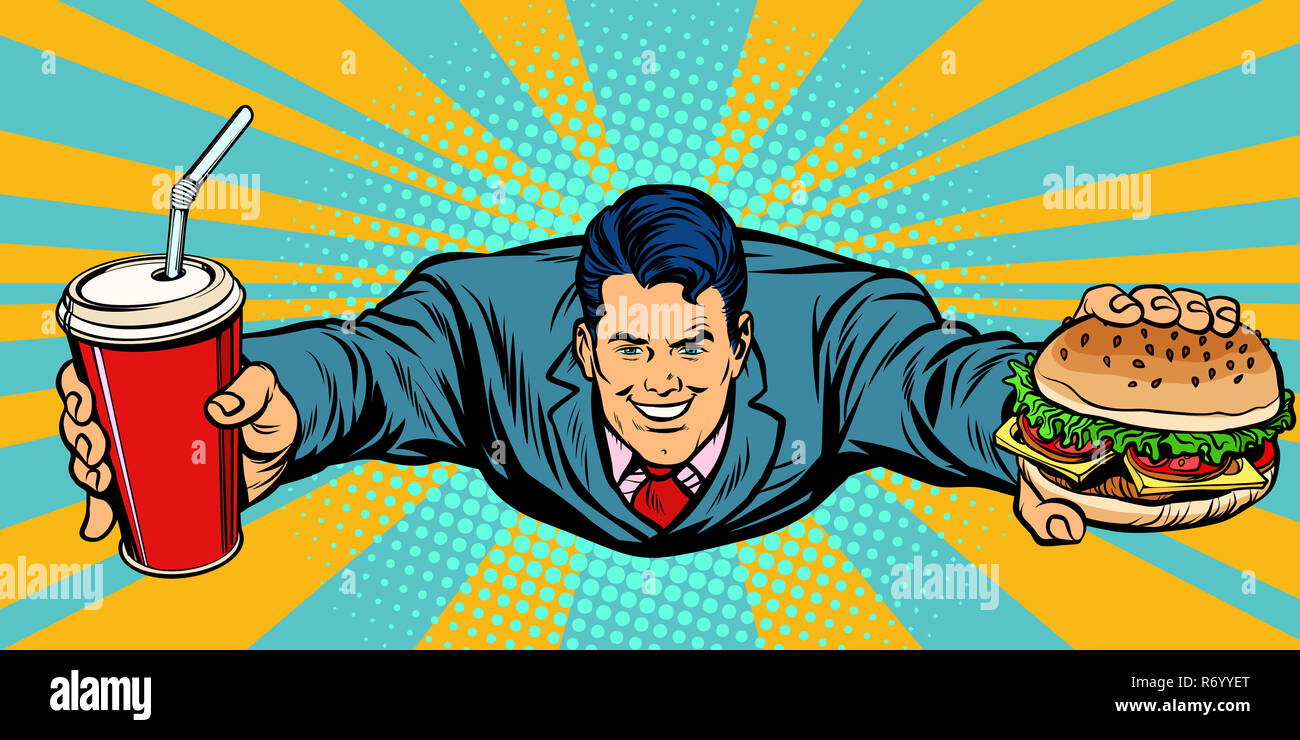 businessman flying, fast food Burger and Cola Stock Photo - Alamy