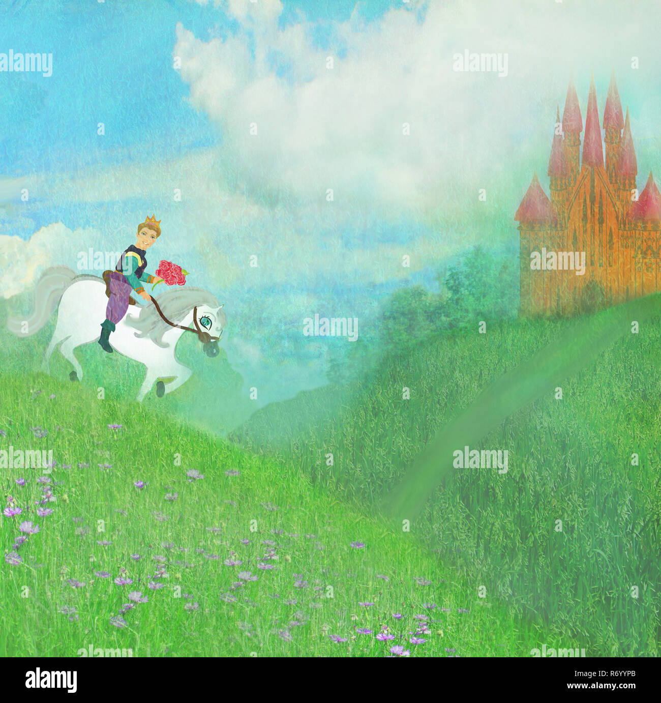 prince riding a horse to the castle Stock Photo - Alamy